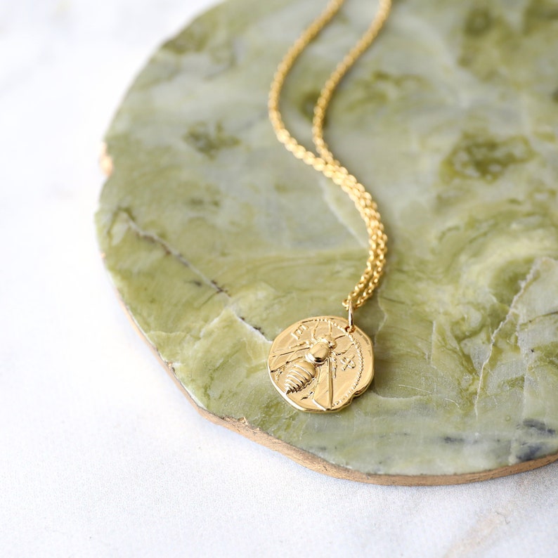 Gold Bee Coin Necklace Gold Bee Pendant Necklace Bee | Etsy