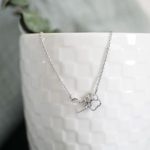Dog Paw Necklace, Dog Paw and Heart Linked Charm Necklace, Heart and ...