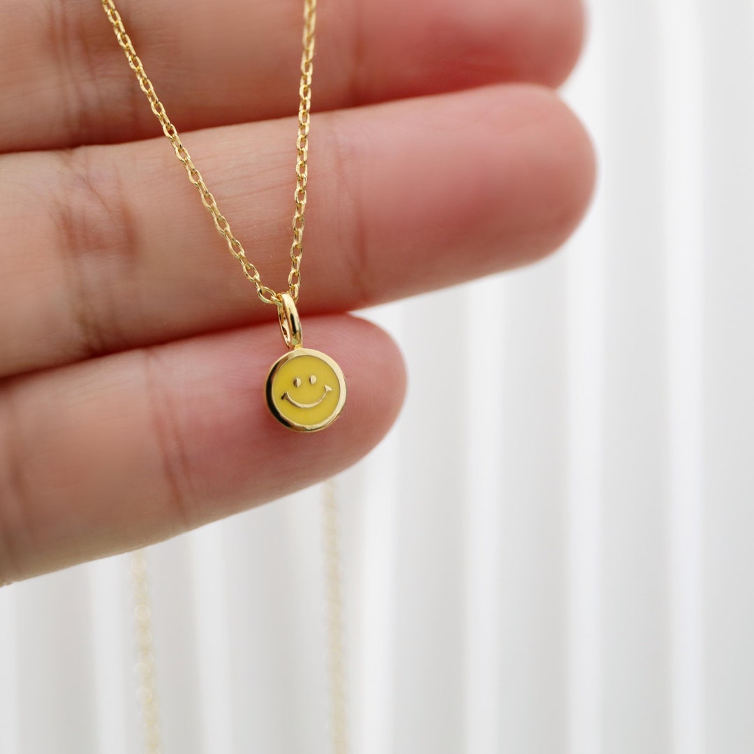 Super Tiny Happy Face Charm Necklace, Yellow Smiley Face Necklace ...