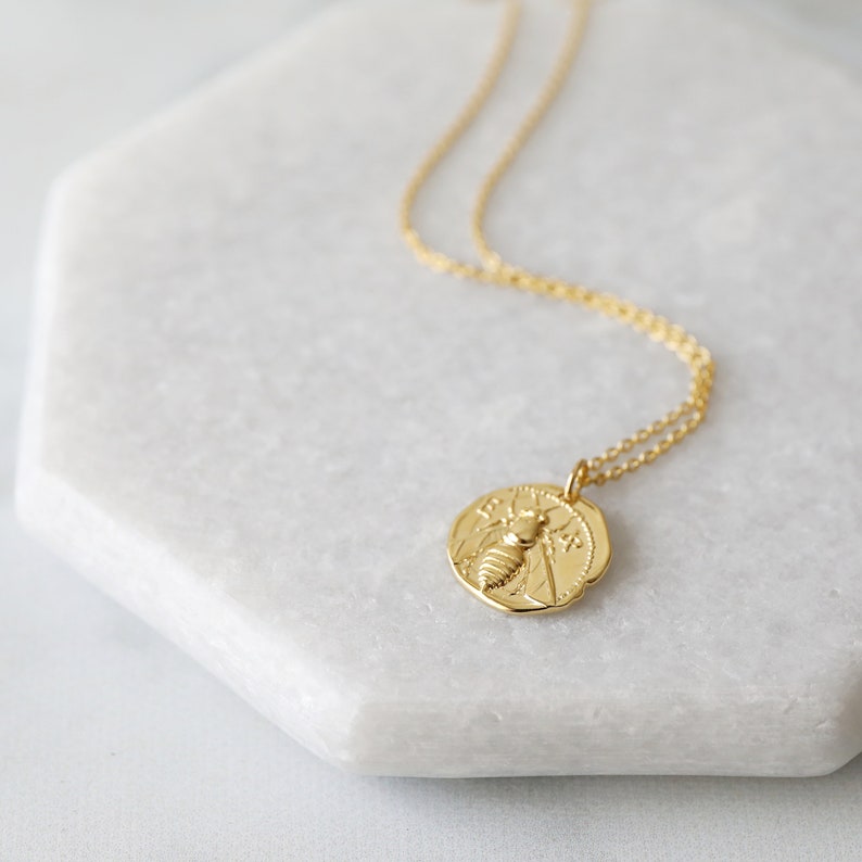 Gold Bee Coin Necklace Gold Bee Pendant Necklace Bee | Etsy