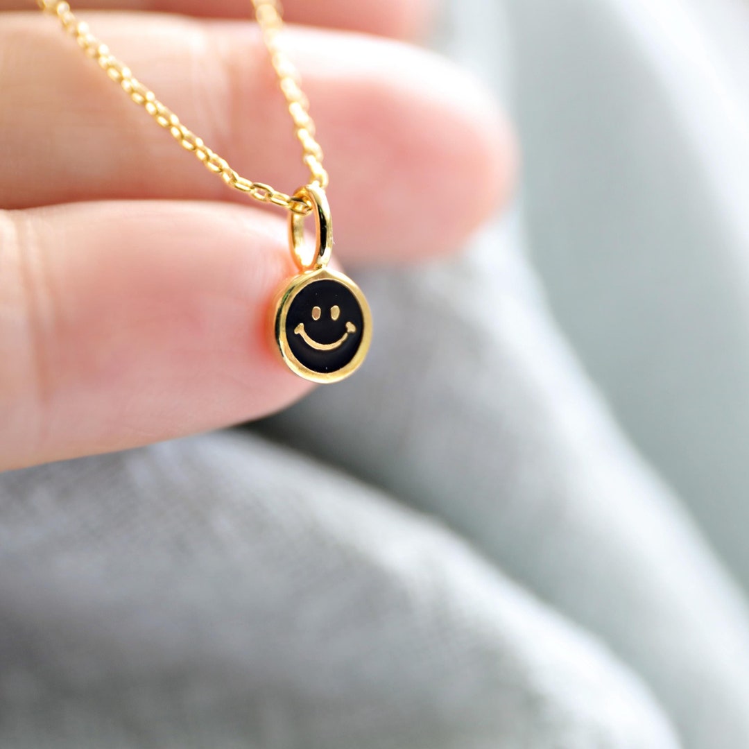 Super Tiny Happy Face Charm Necklace, Black Smiley Face Necklace, Smile ...