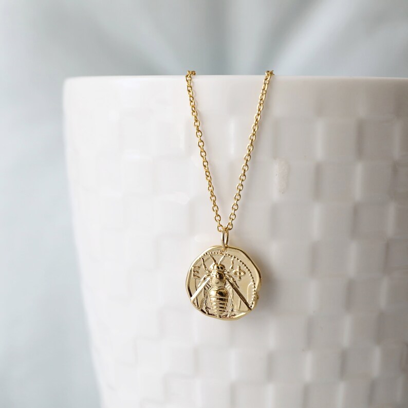 Gold Bee Coin Necklace Gold Bee Pendant Necklace Bee | Etsy