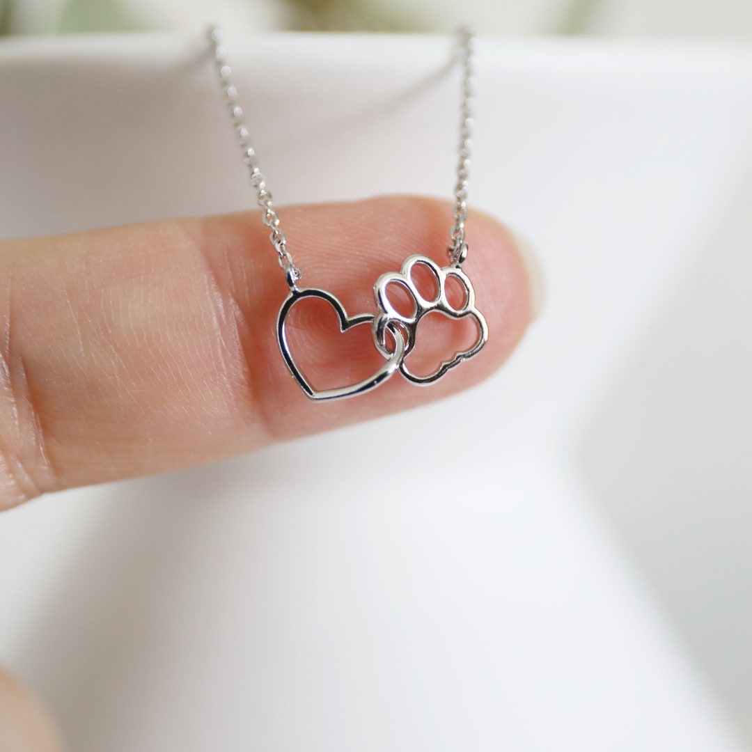 Dog Paw Necklace, Dog Paw and Heart Linked Charm Necklace, Heart and ...