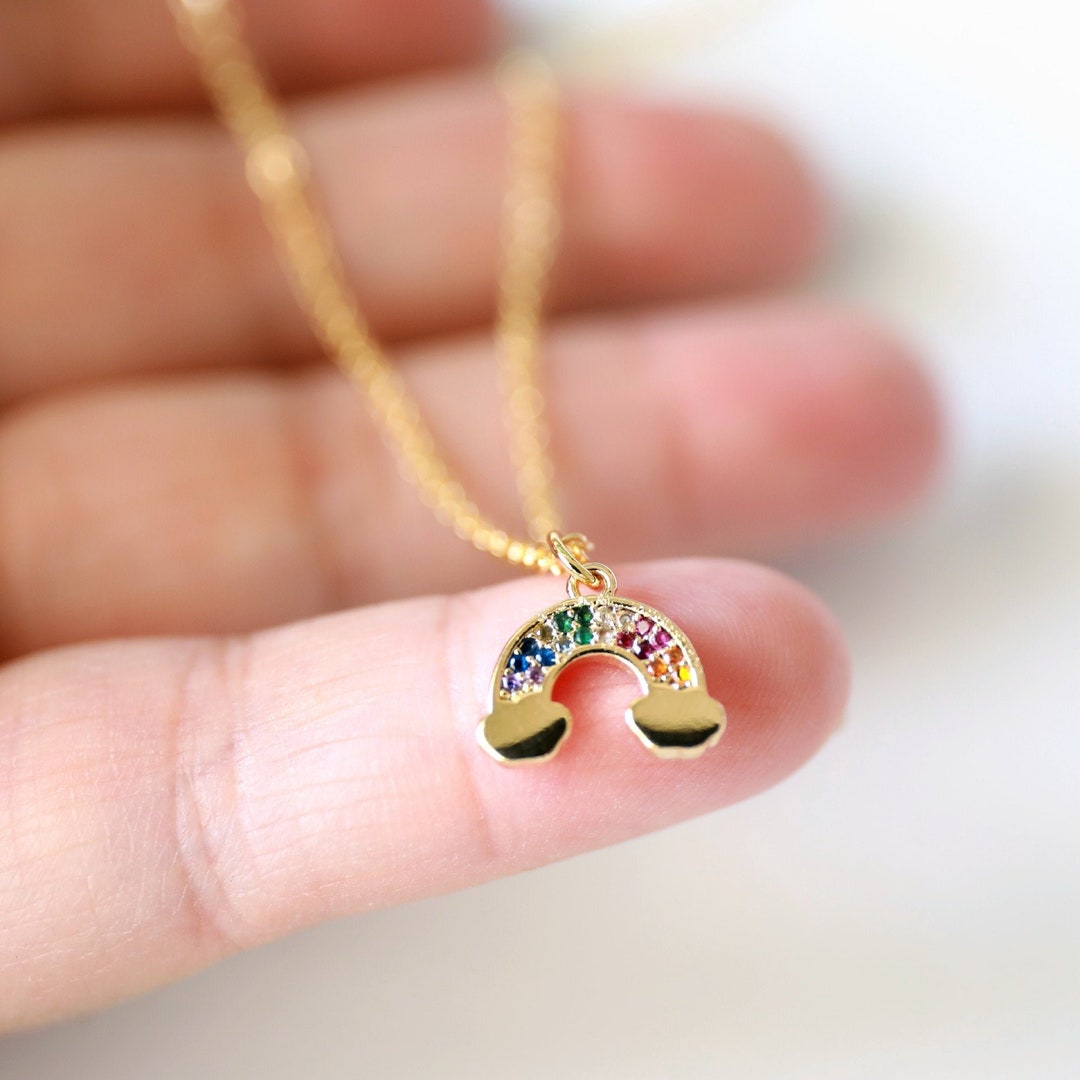 CZ Rainbow Charm Necklace: Gold Plated Brass Chain - Etsy