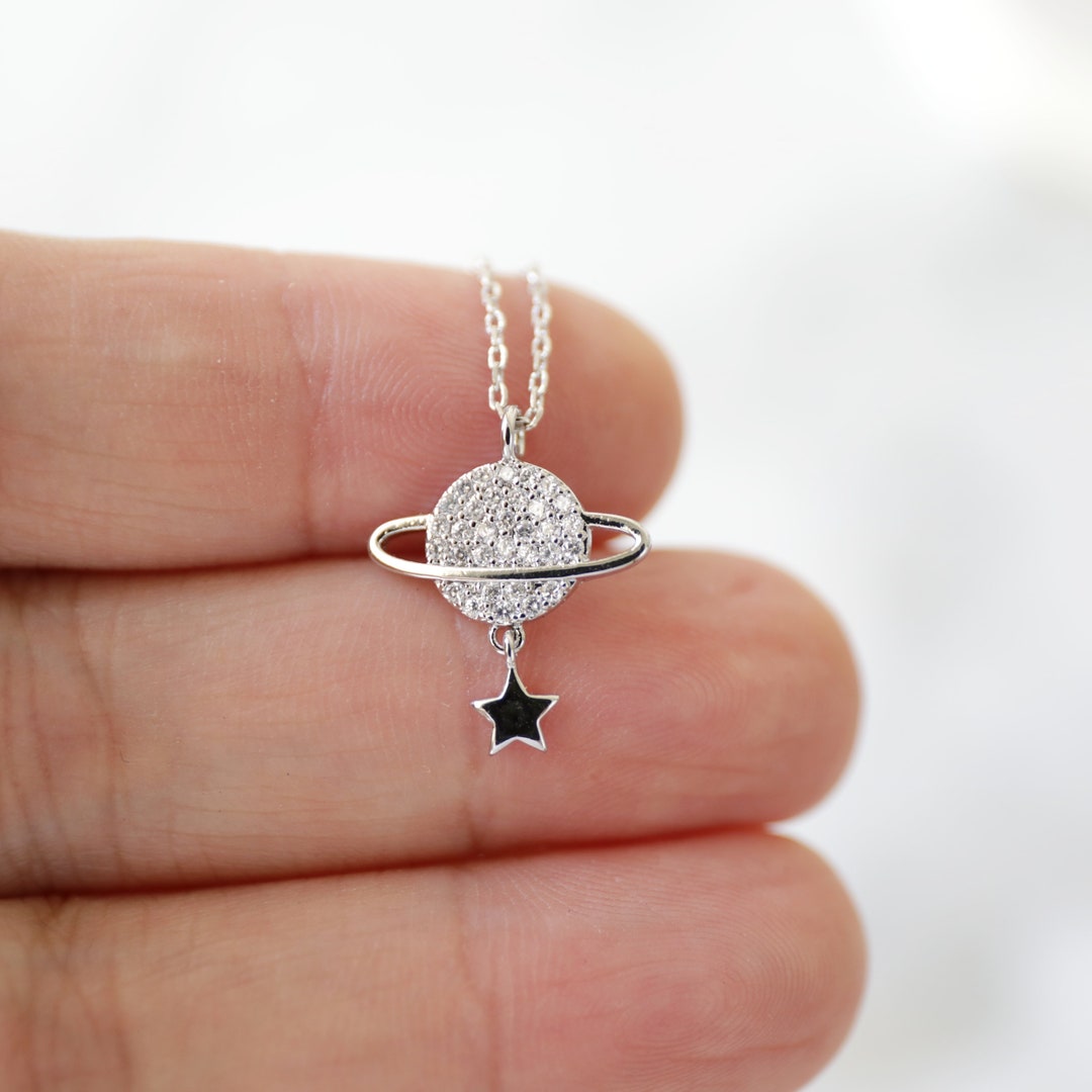 Planet and Star Necklace: Cubic Zirconia Saturn Pendant - Etsy