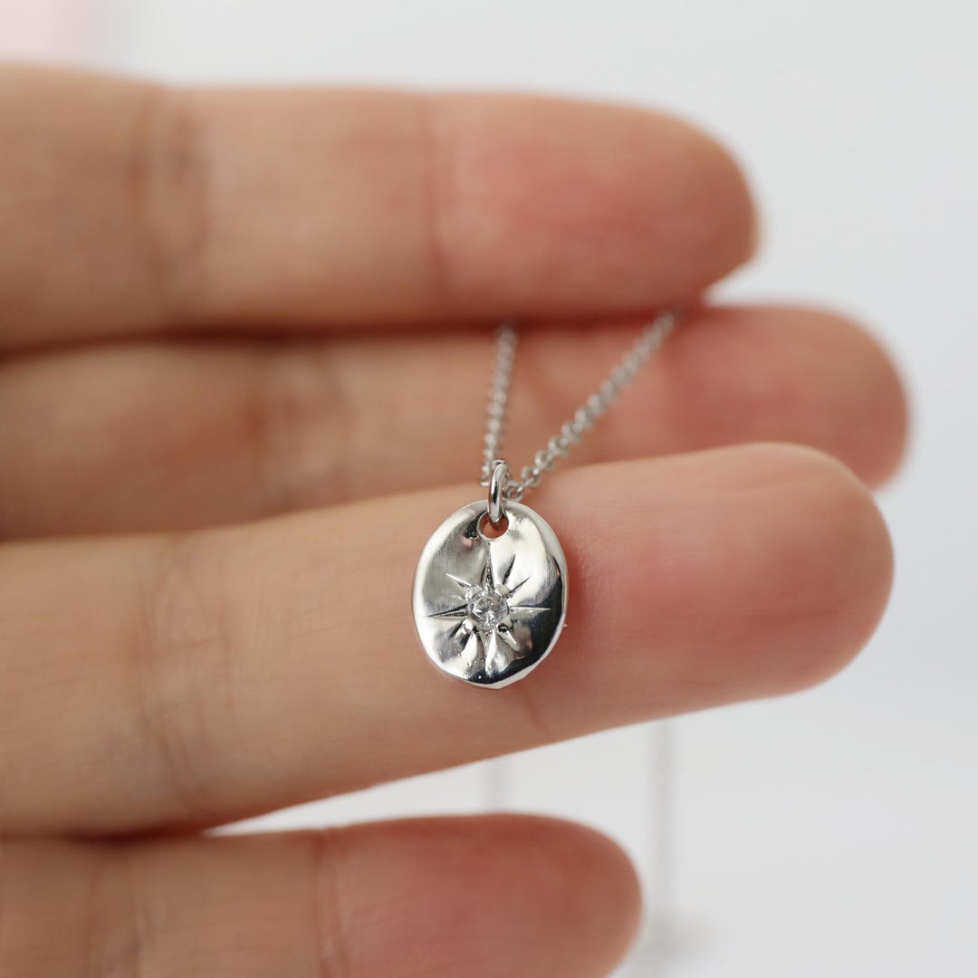 Tiny Silver North Star Oval Shape Coin Pendant Necklace, North Star ...