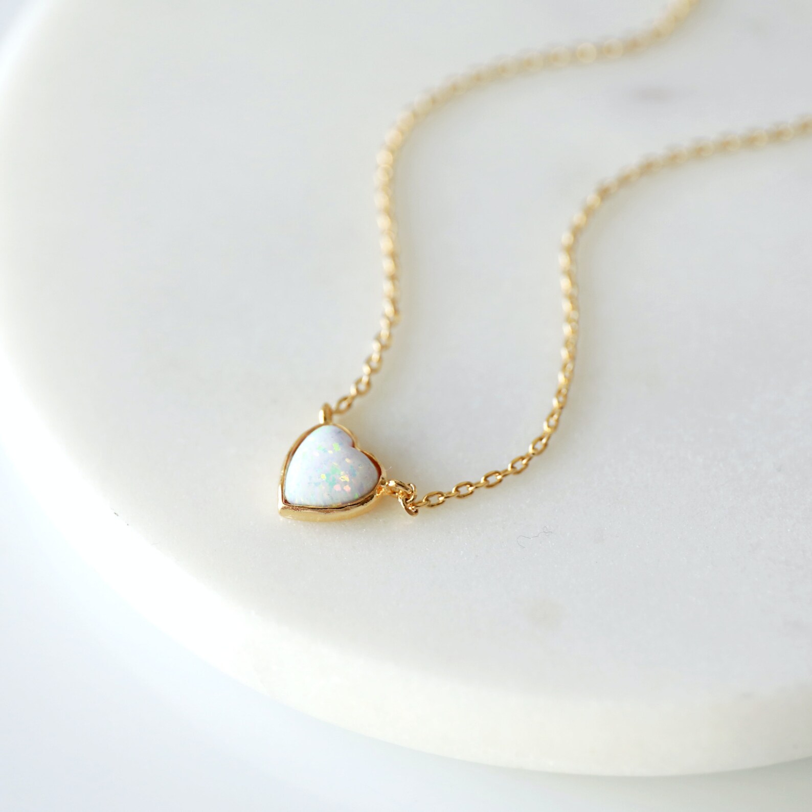 Heart Necklacetiny Gold Opal Heart Necklace Dainty Heart - Etsy