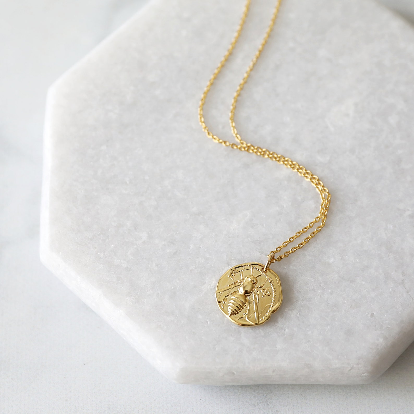 Gold Bee Coin Necklace Gold Bee Pendant Necklace Bee | Etsy