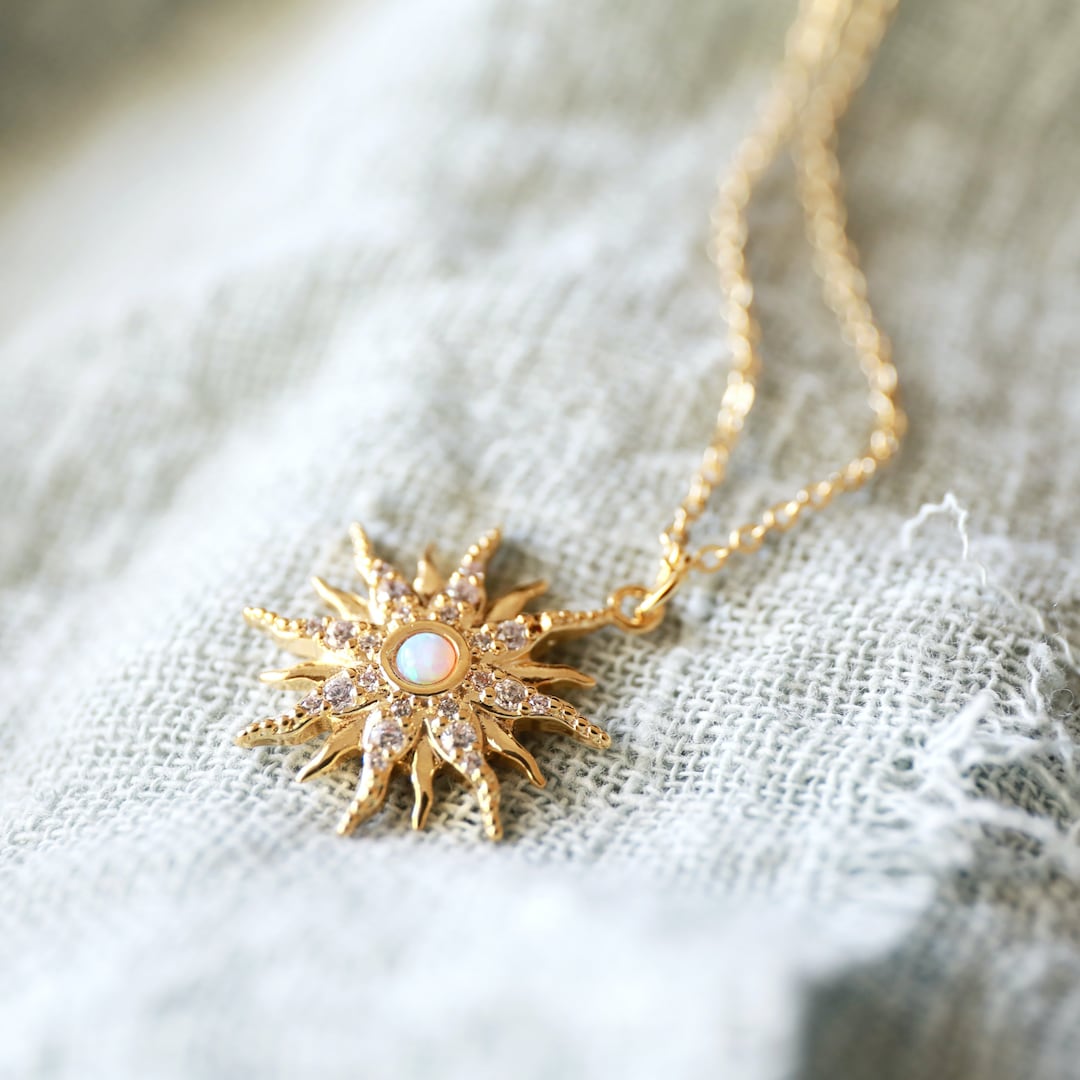Sun Necklace, Gold Sun With Opal Stone Necklace, Dainty Sunburst ...