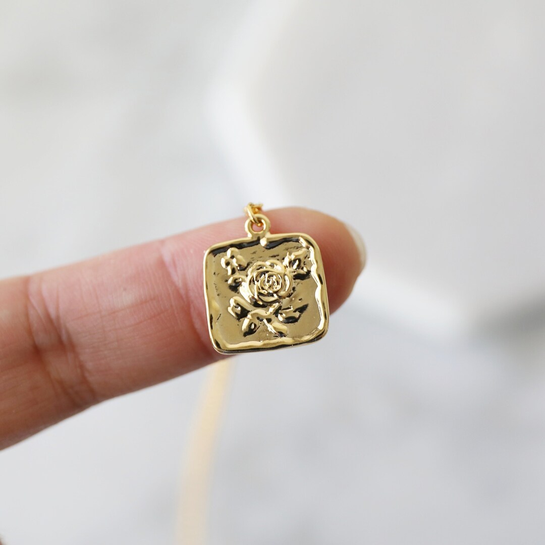 Gold Rose Flower Square Pendant Necklace, Rose Necklace, Rose Flower ...