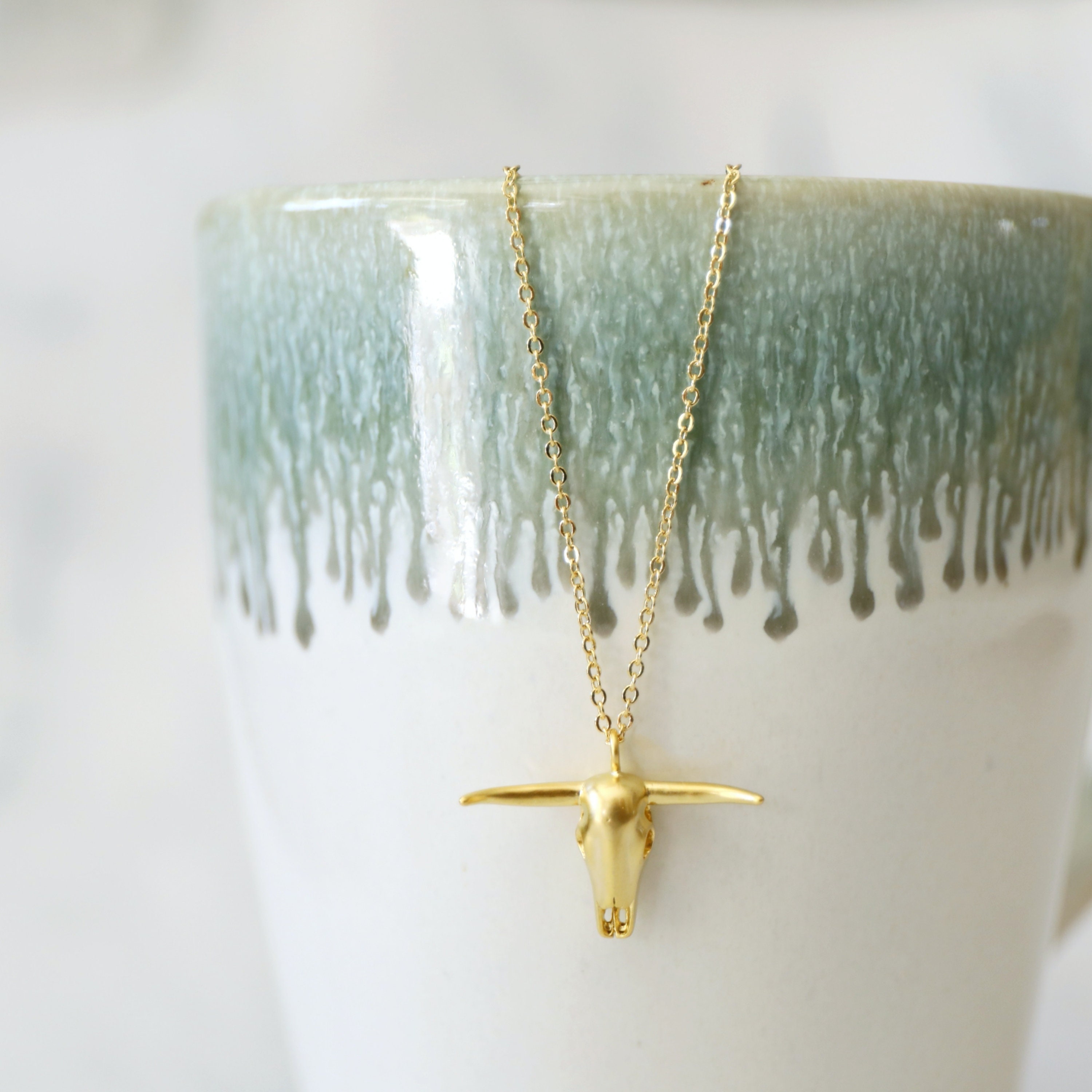 Gold Bull Skull Charm Necklace Bull Necklace Bull Skull | Etsy