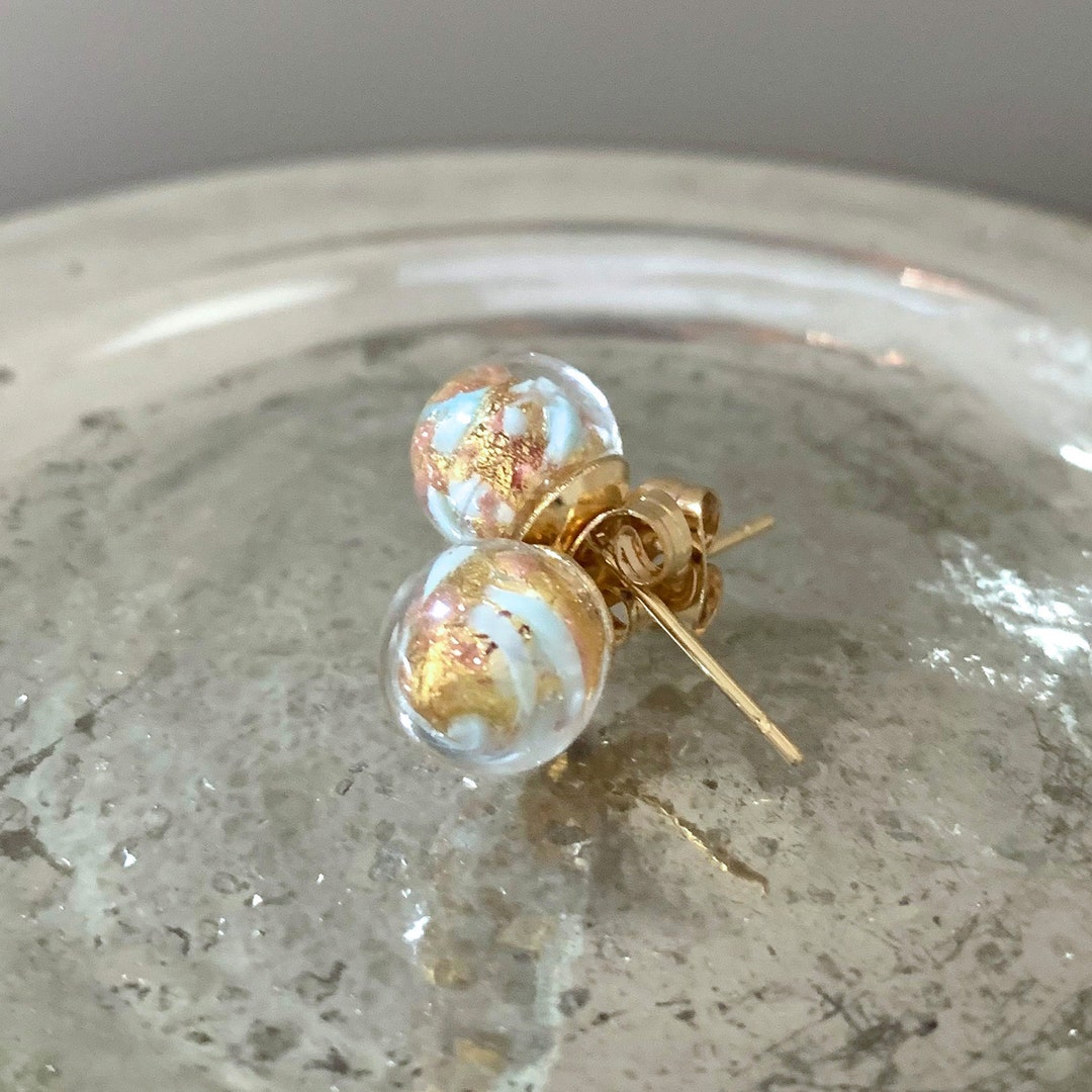 Diana Ingram Blue Murano Glass Sphere Stud Earrings on Gold Surgical ...
