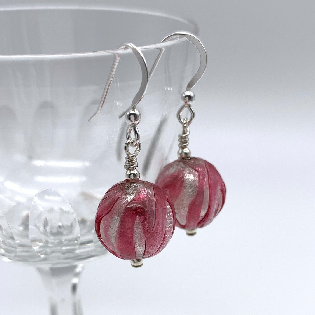 Diana Ingram Pink Murano Glass Small Sphere Drop Earrings on Silver or ...