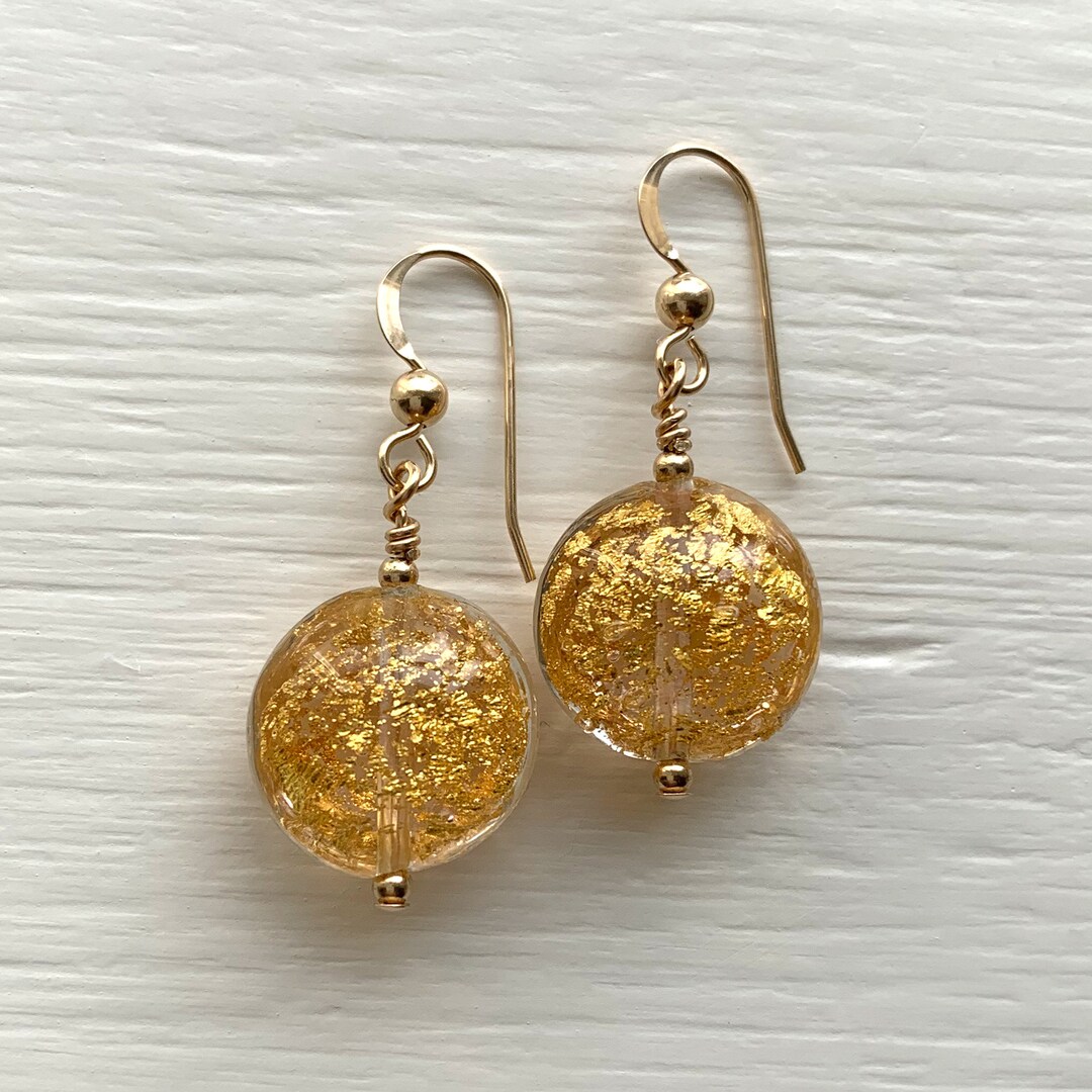 Diana Ingram Earrings With Clear Crystal and Gold Crackle Murano Glass ...