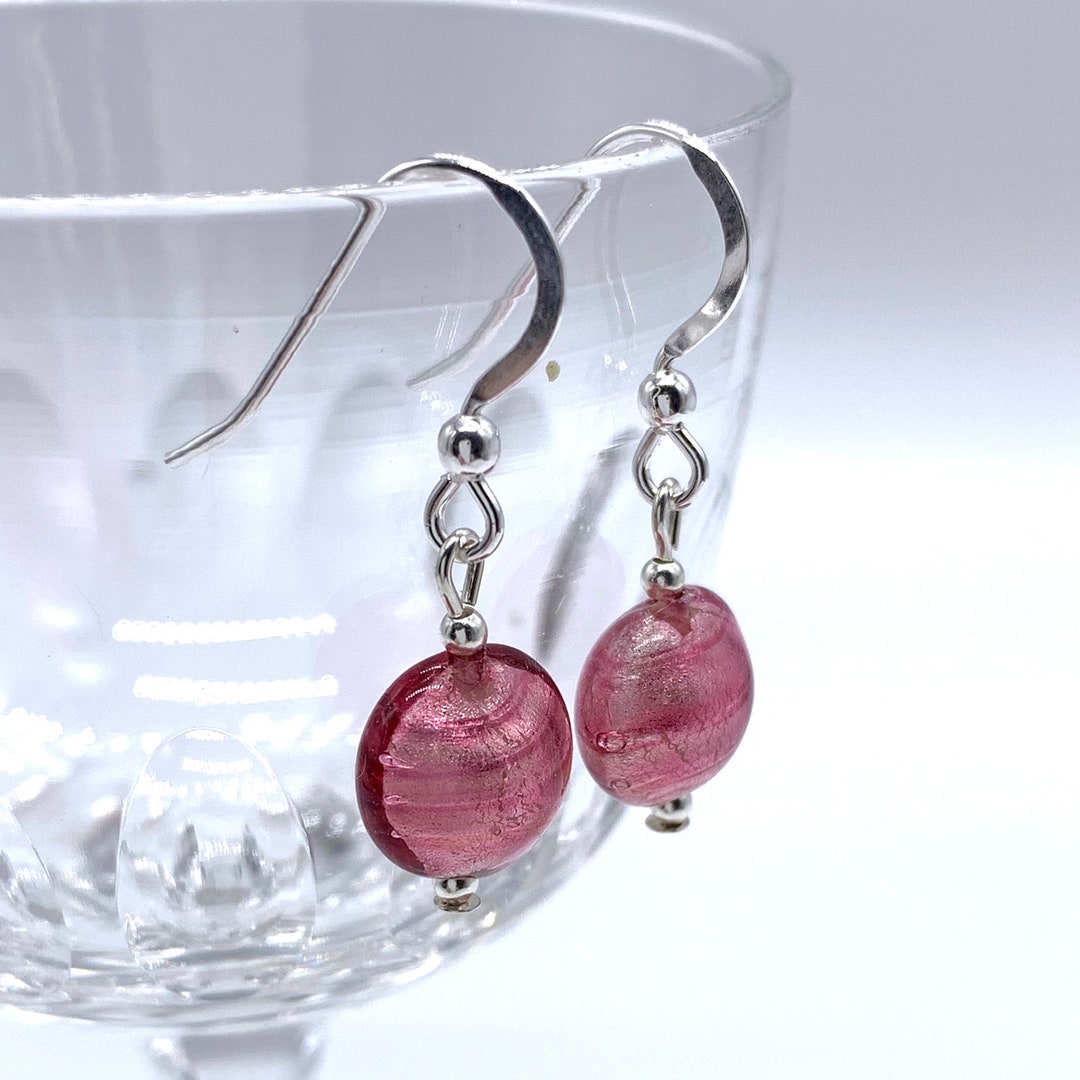 Diana Ingram Pink Murano Glass Mini Lentil Drop Earrings on Silver or ...