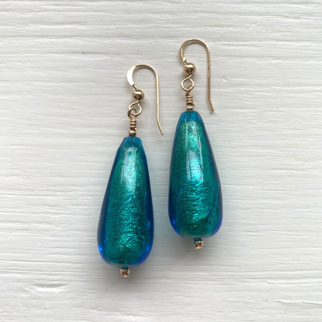 Diana Ingram Green Murano Glass Long Pear Drop Earrings on Silver or ...