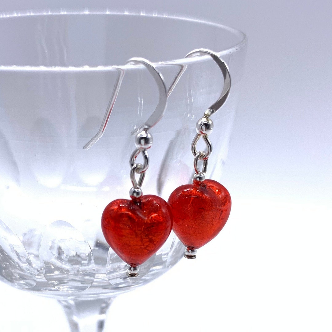 Diana Ingram Red Murano Glass Mini Heart Drop Earrings on Silver or ...