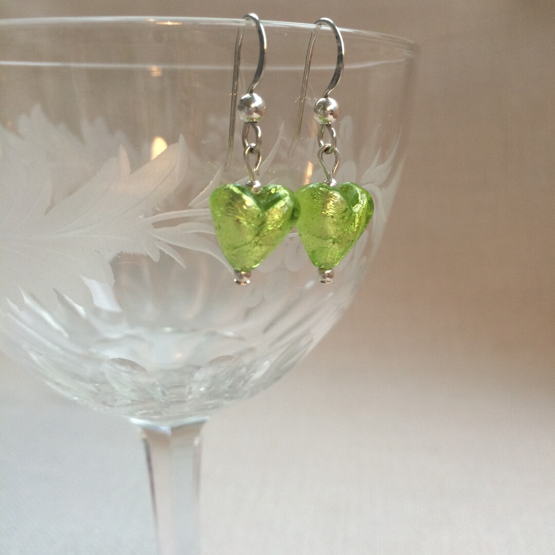 Diana Ingram Green Murano Glass Mini Heart Drop Earrings on Silver or ...