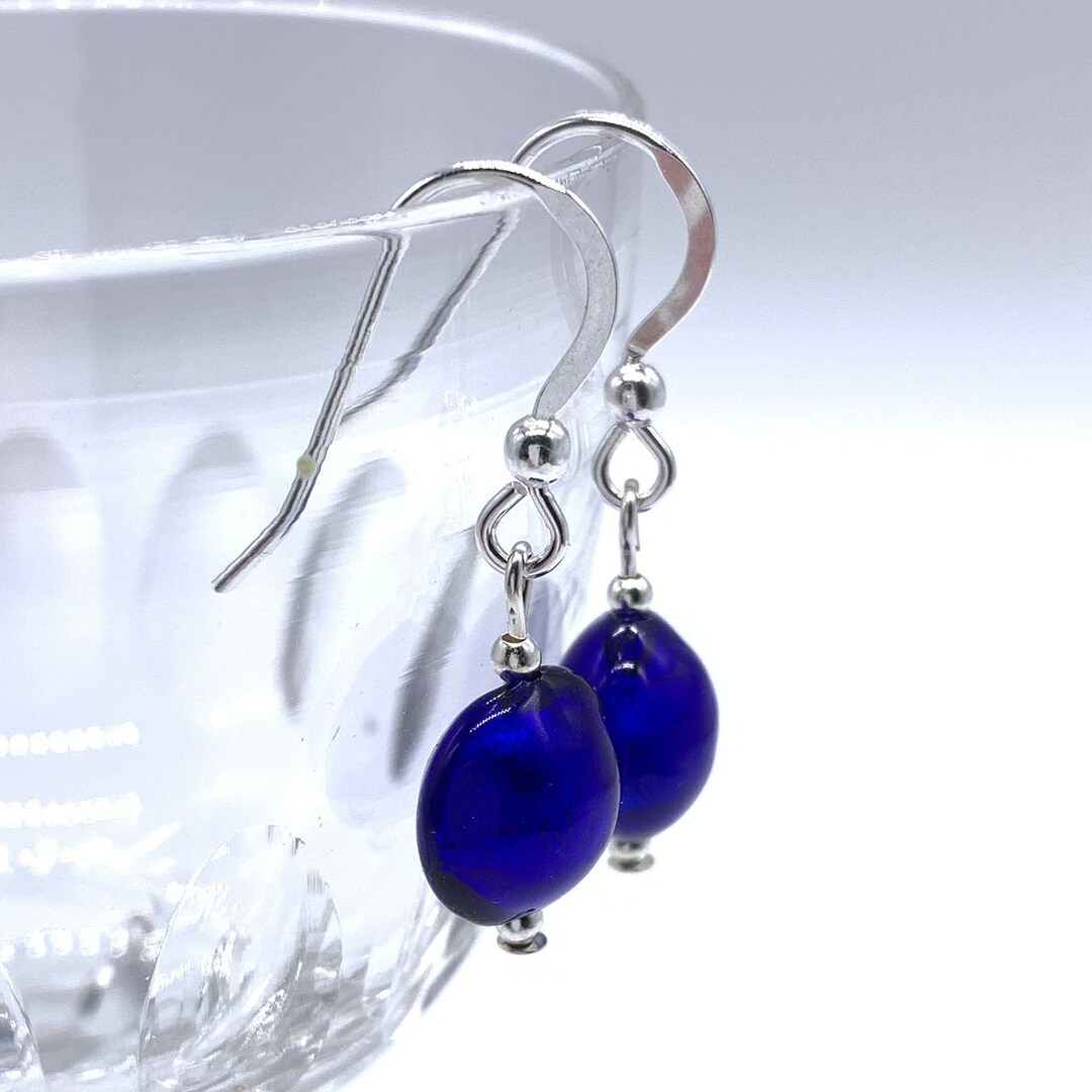 Diana Ingram Blue Murano Glass Mini Lentil Drop Earrings on Silver or ...