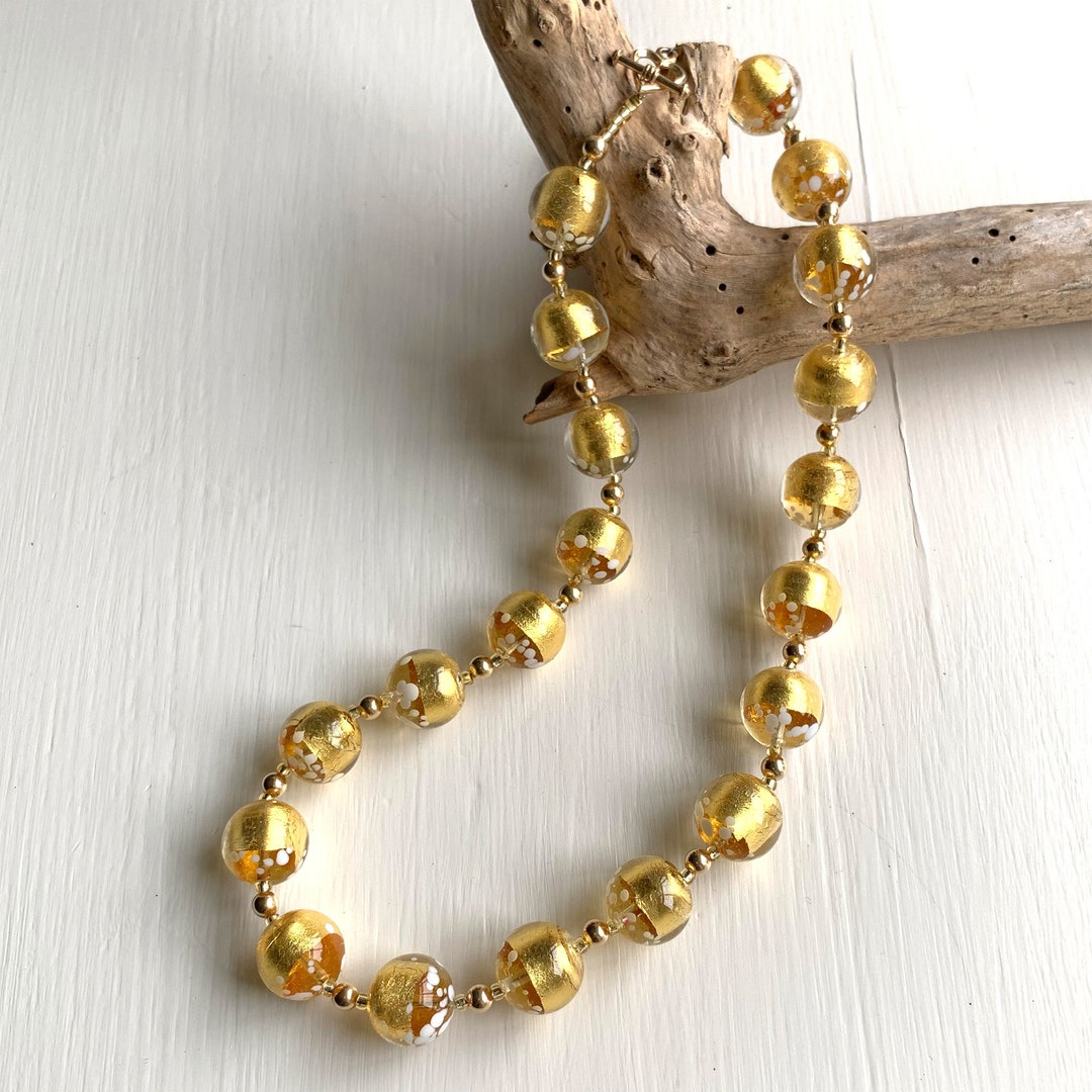 Diana Ingram Necklace With Clear Crystal, Gold and White Spots Murano ...