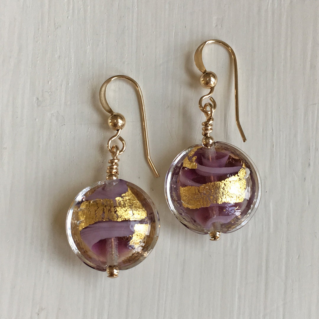 Diana Ingram Earrings With Purple Pastel and Gold Murano Glass Small ...