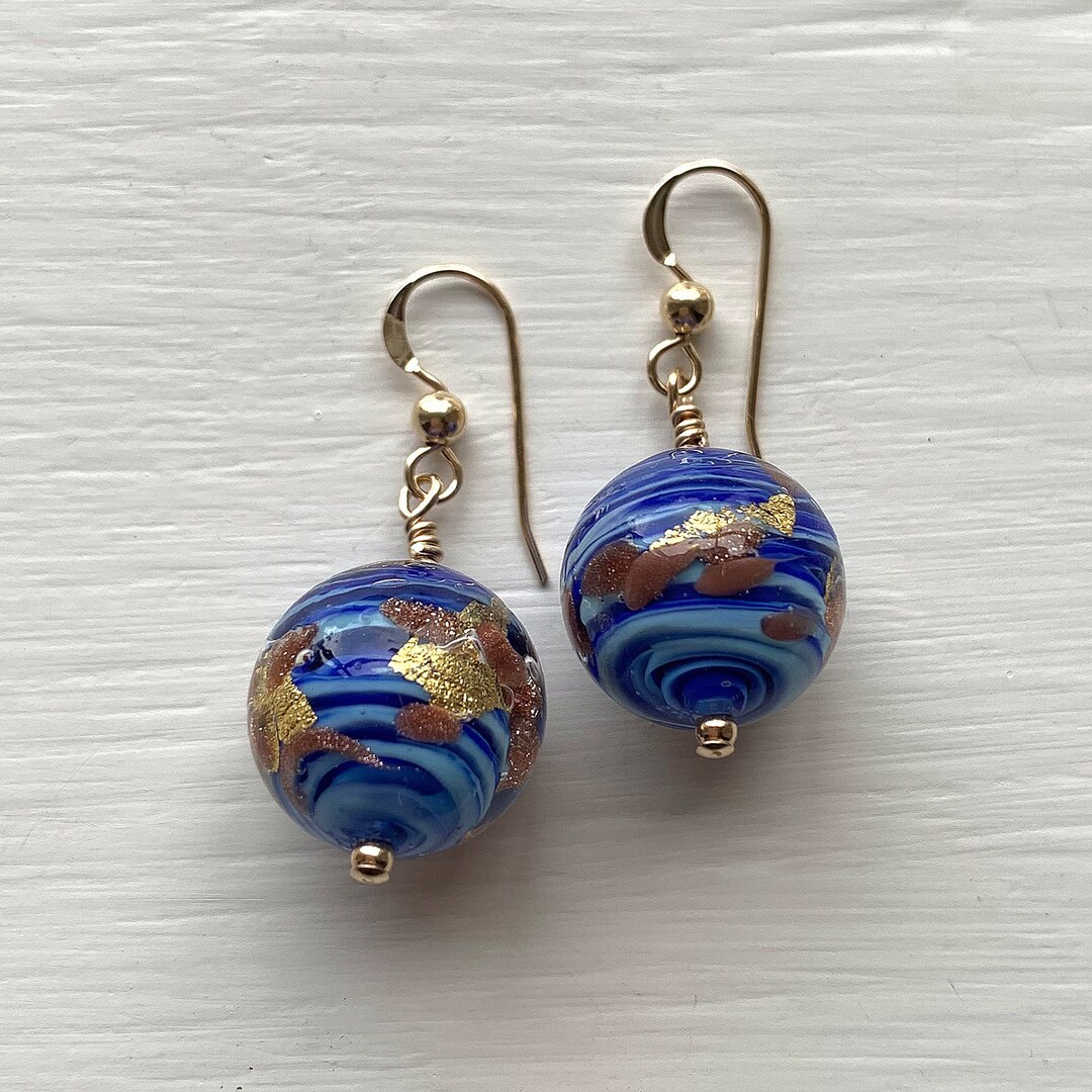 Diana Ingram Blue Murano Glass Small Sphere Drop Earrings on Silver or ...
