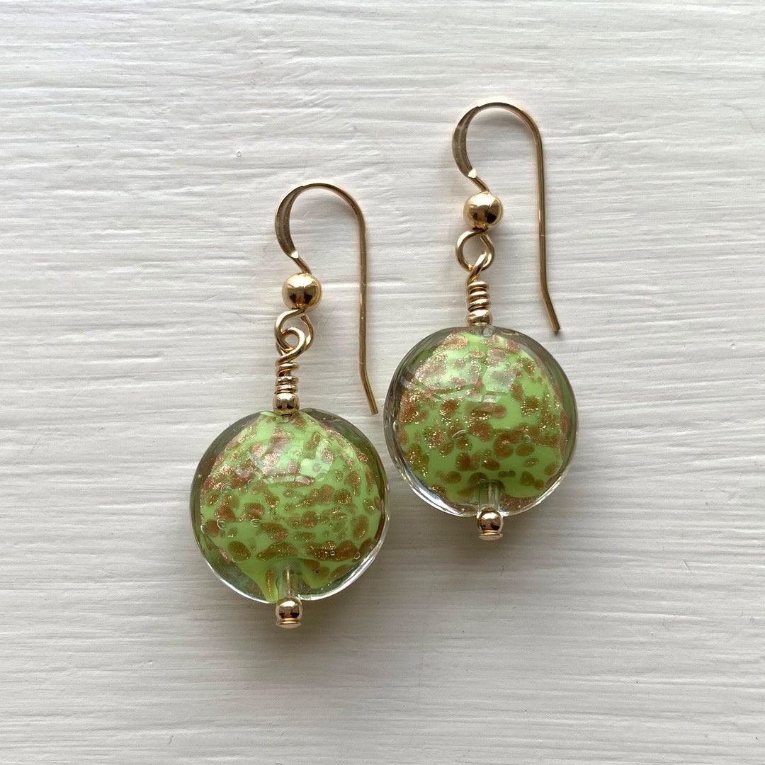 Diana Ingram Green Murano Glass Small Lentil Drop Earrings on Silver or ...