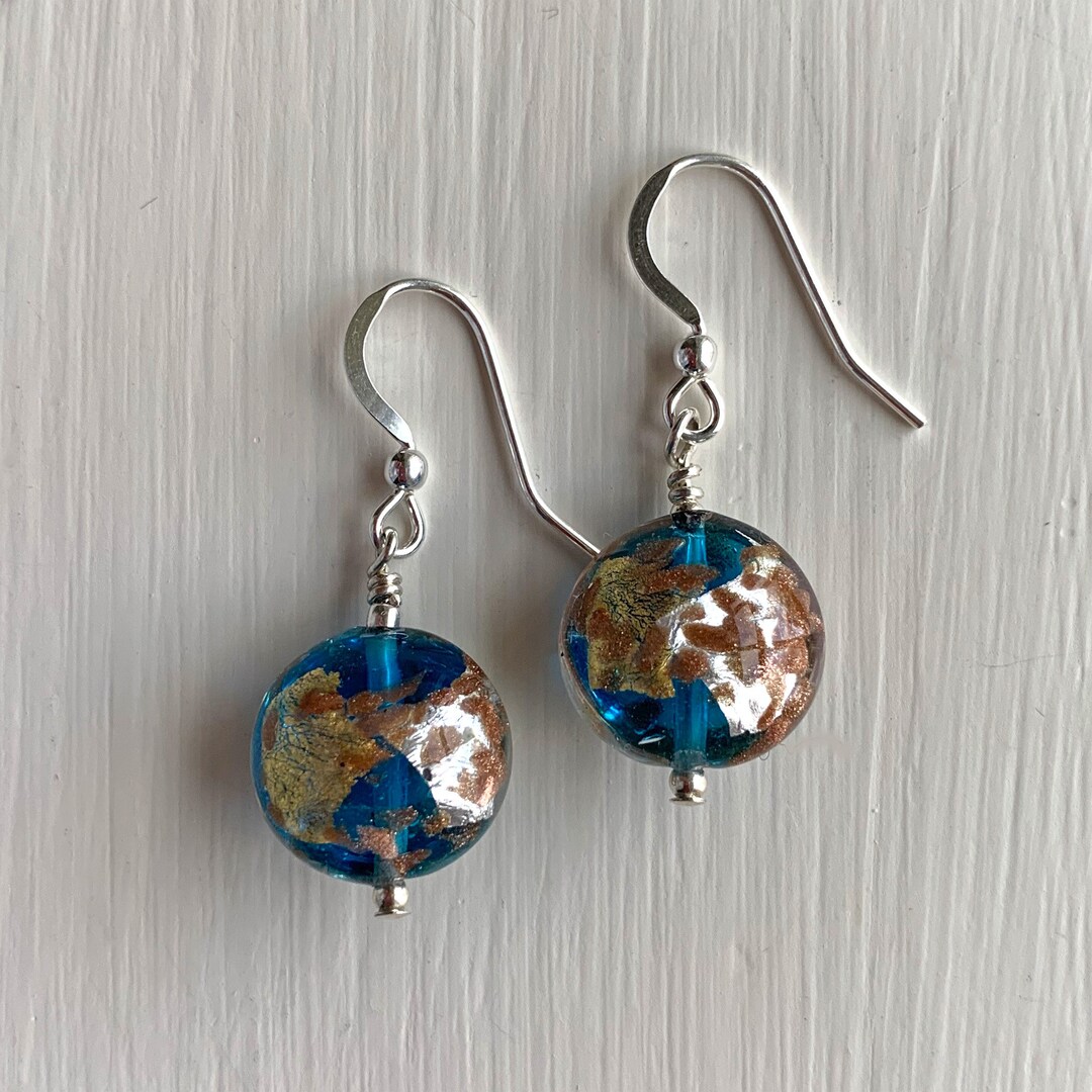 Diana Ingram Blue Murano Glass Small Lentil Drop Earrings on Silver or ...