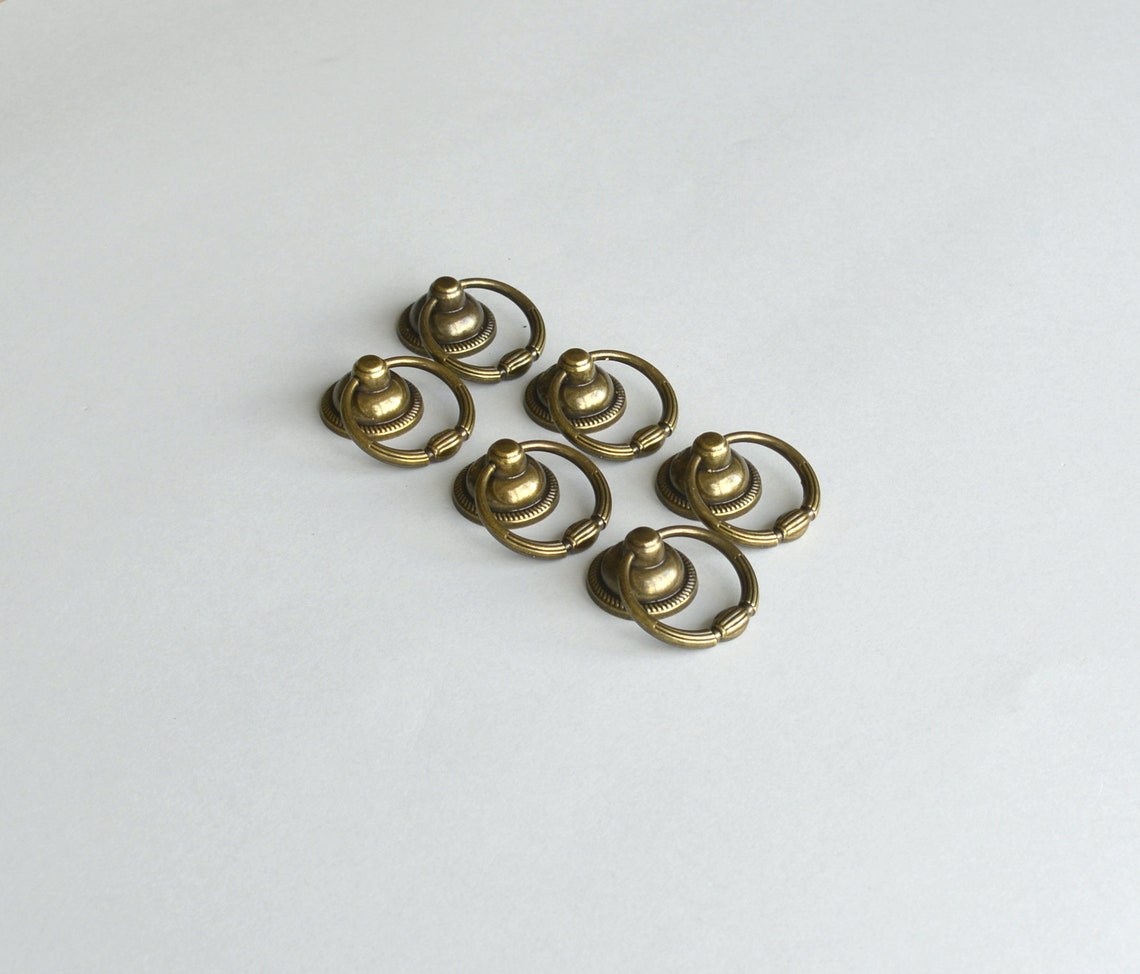 Set of 6 Unique Statement Ring Pull. Antique Brass Drop Knob. Drawer ...