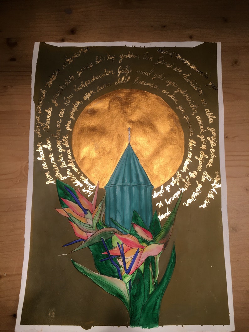 Rumi Tomb With Flowers and Rumi Poem Watercolor Hand Painted - Etsy