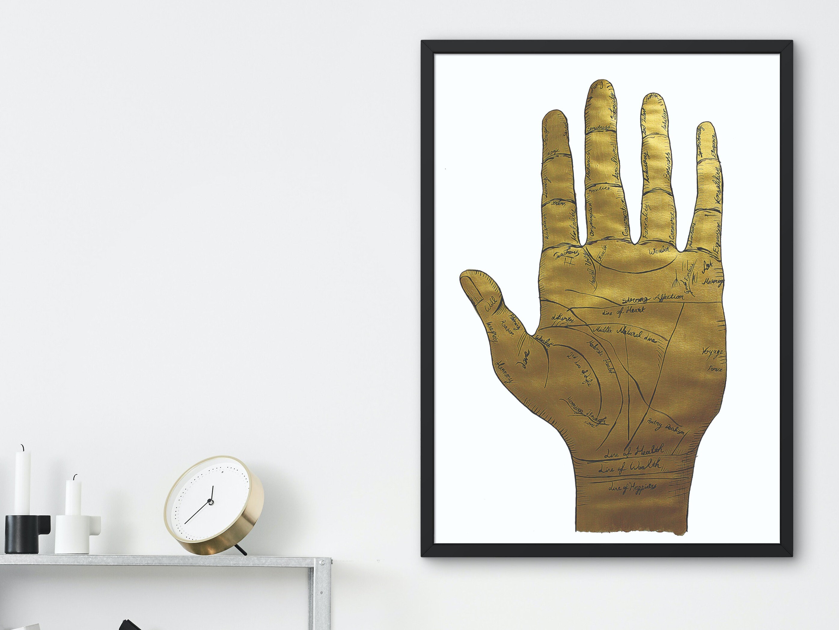PRINTABLE Gold Left Hand Palmistry Palm Line Hand Drawing Art Luxury ...