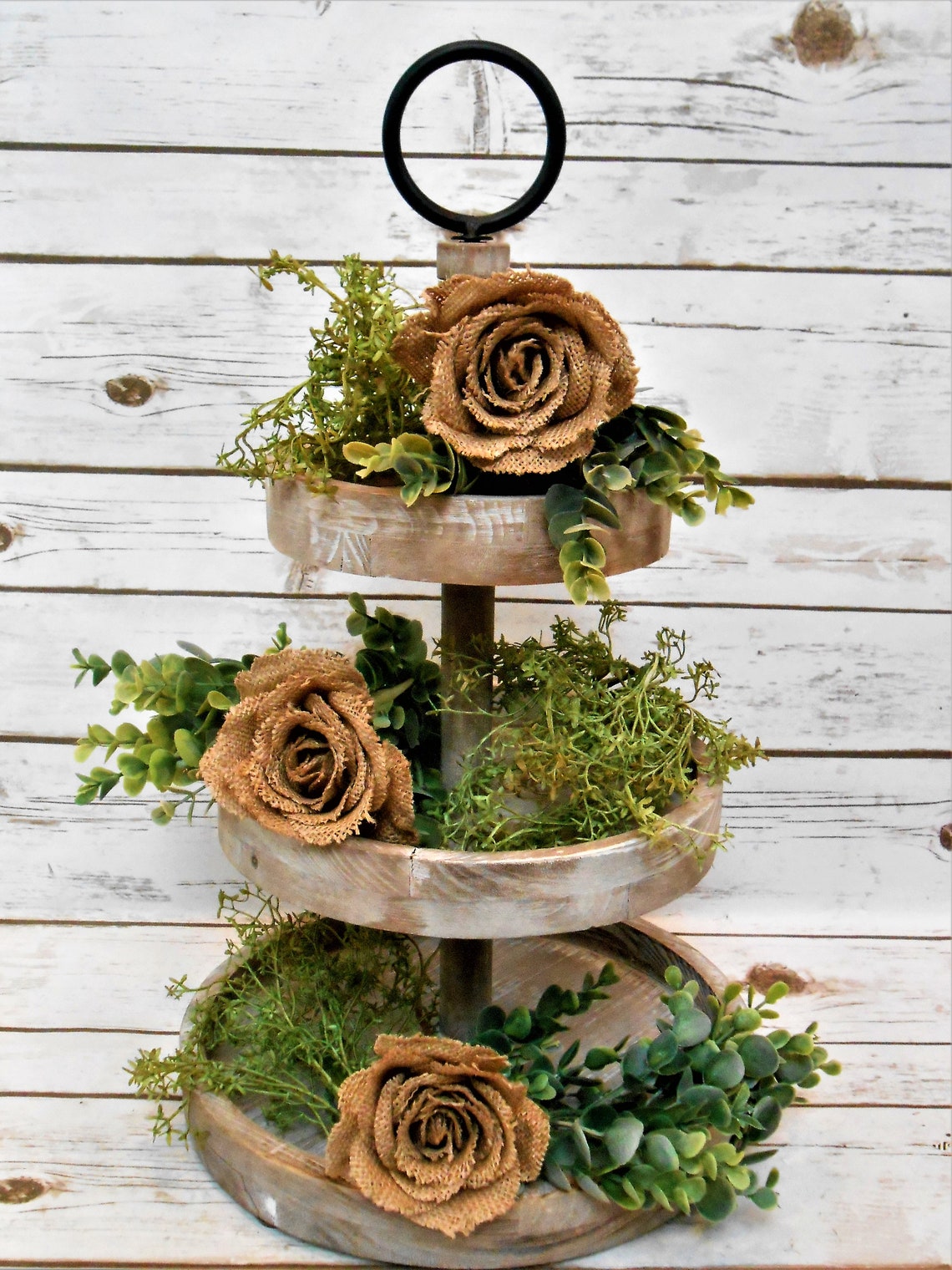 Rustic Burlap Rose Tiered Tray Decor / Farmhouse Tiered Tray - Etsy