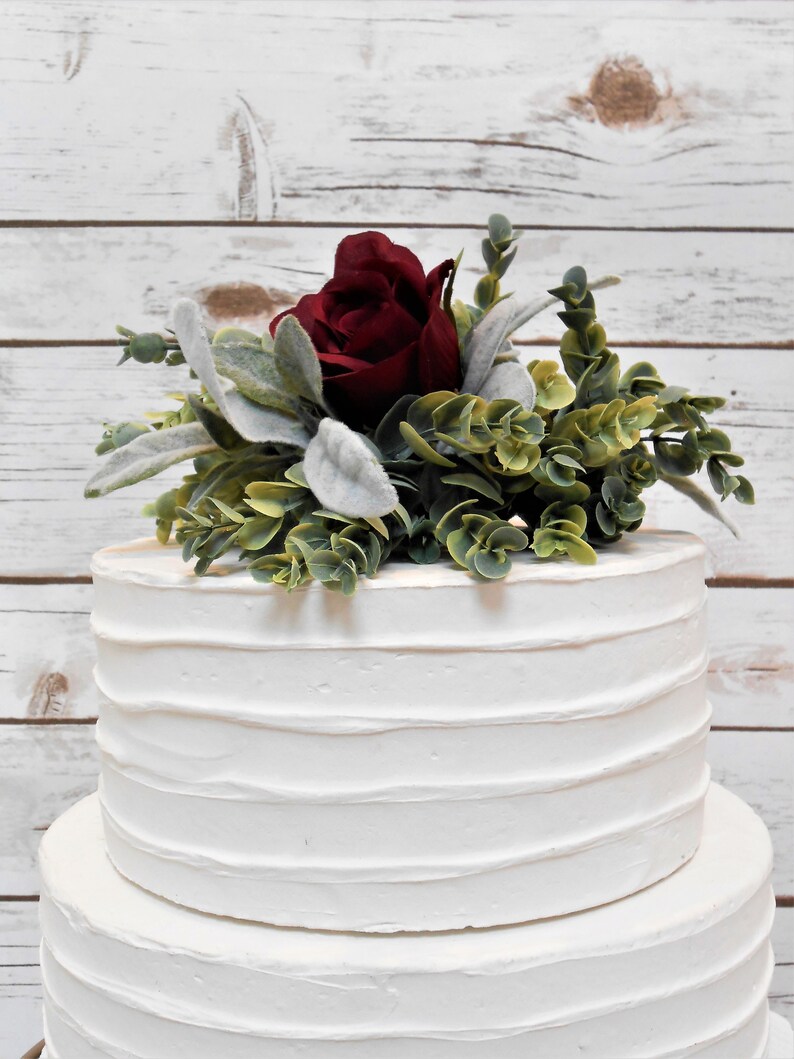 Greenery and Floral Cake Topper / Burgundy Rose Cake Topper / | Etsy