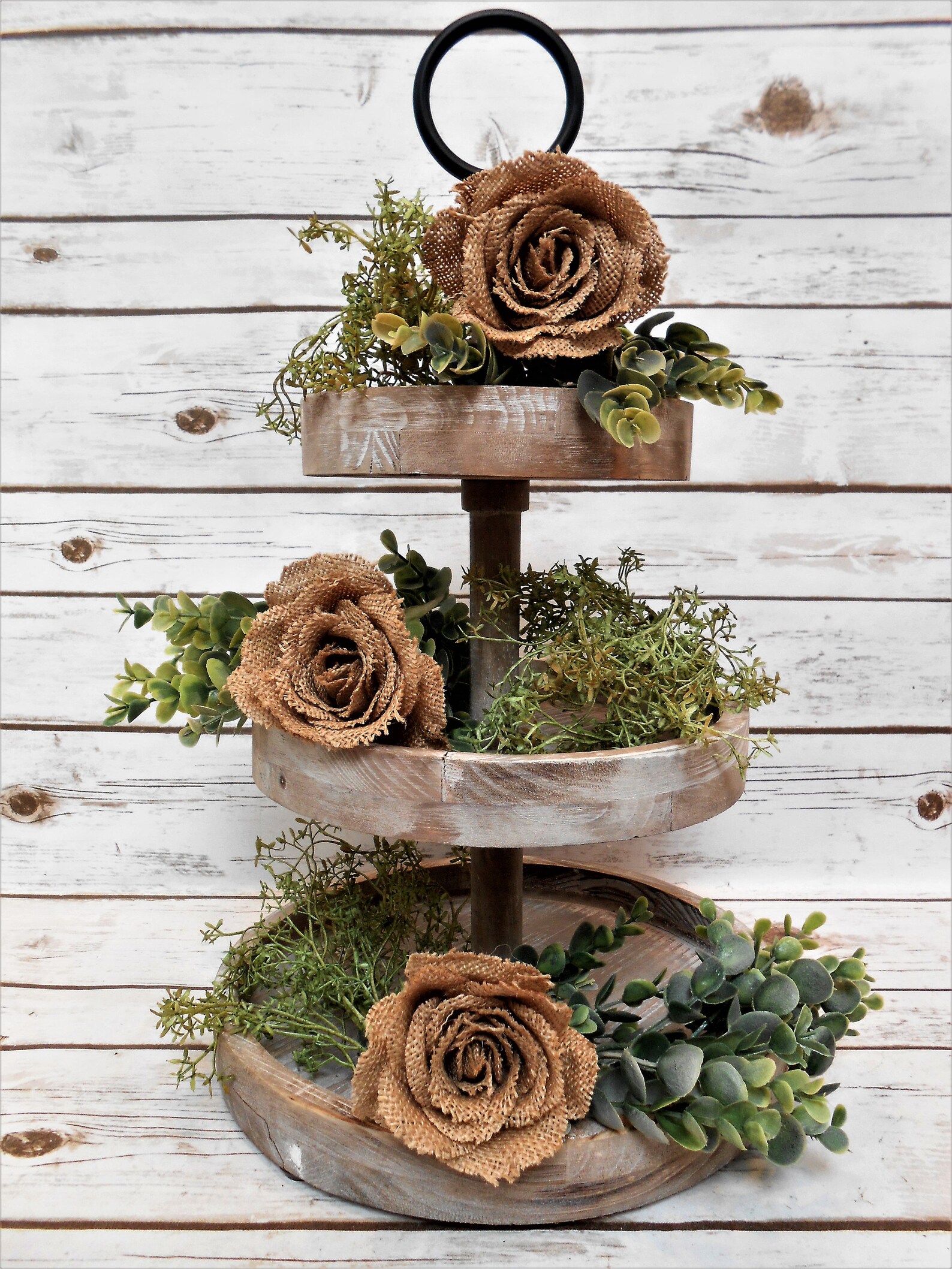 Rustic Burlap Rose Tiered Tray Decor / Farmhouse Tiered Tray - Etsy