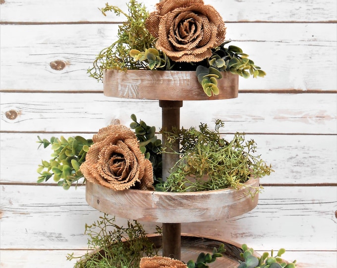 Rustic Burlap Rose Tiered Tray Decor / Farmhouse Tiered Tray - Etsy