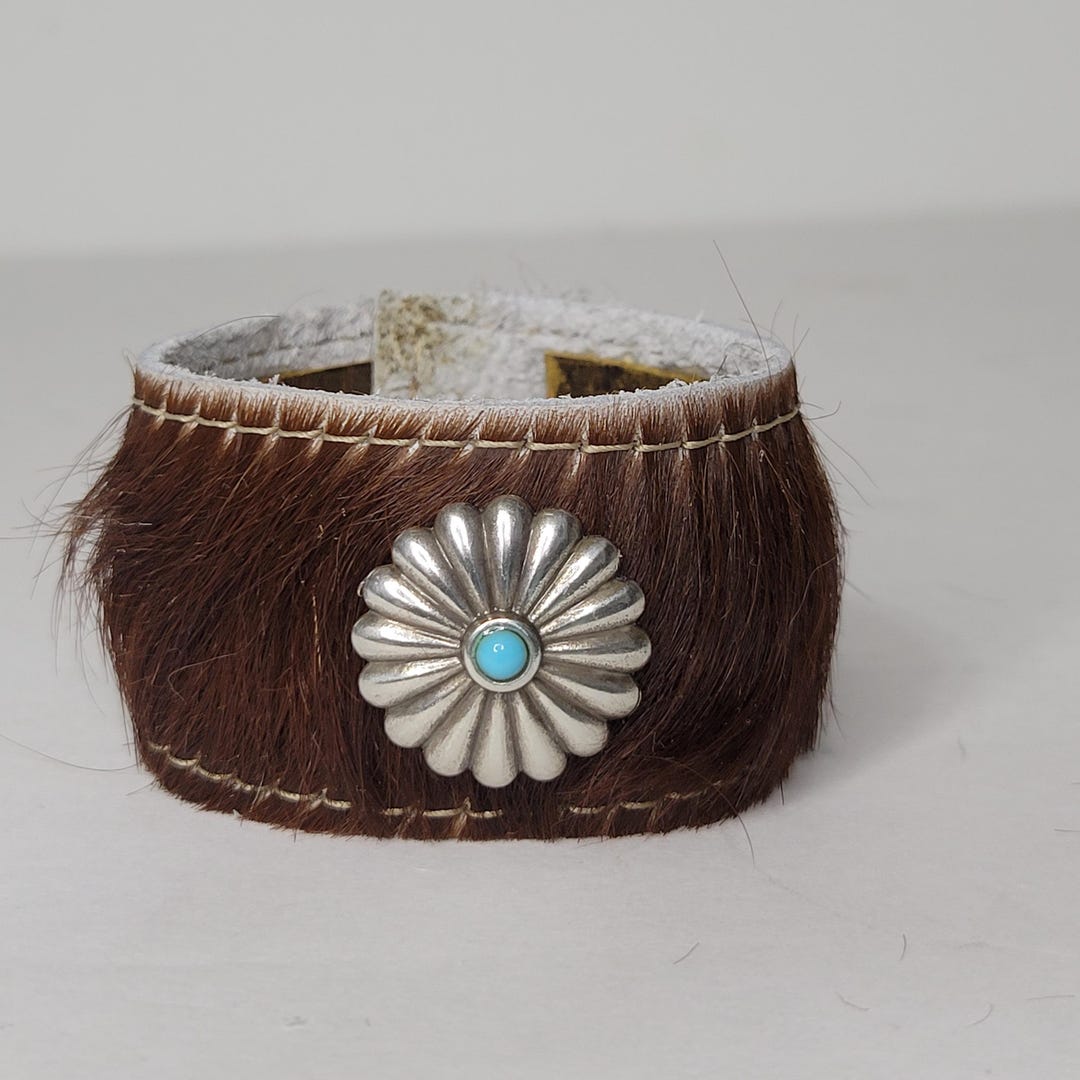 Cowhide Cuff Bracelet, Cowhide Cuff in Brown Hair With Silver Concho - Etsy