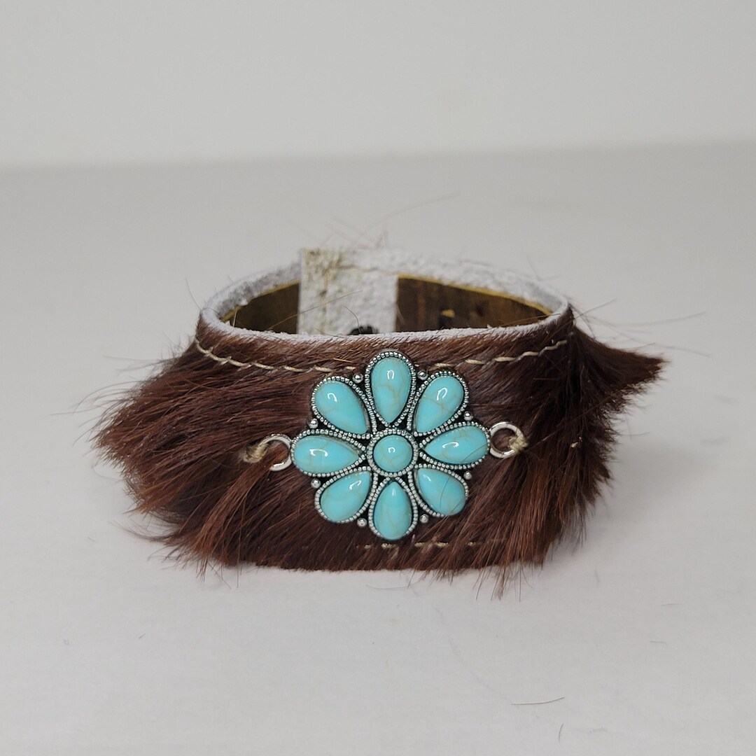 Cowhide Cuff Bracelet, Cowhide Cuff With Turquoise Embellishment - Etsy