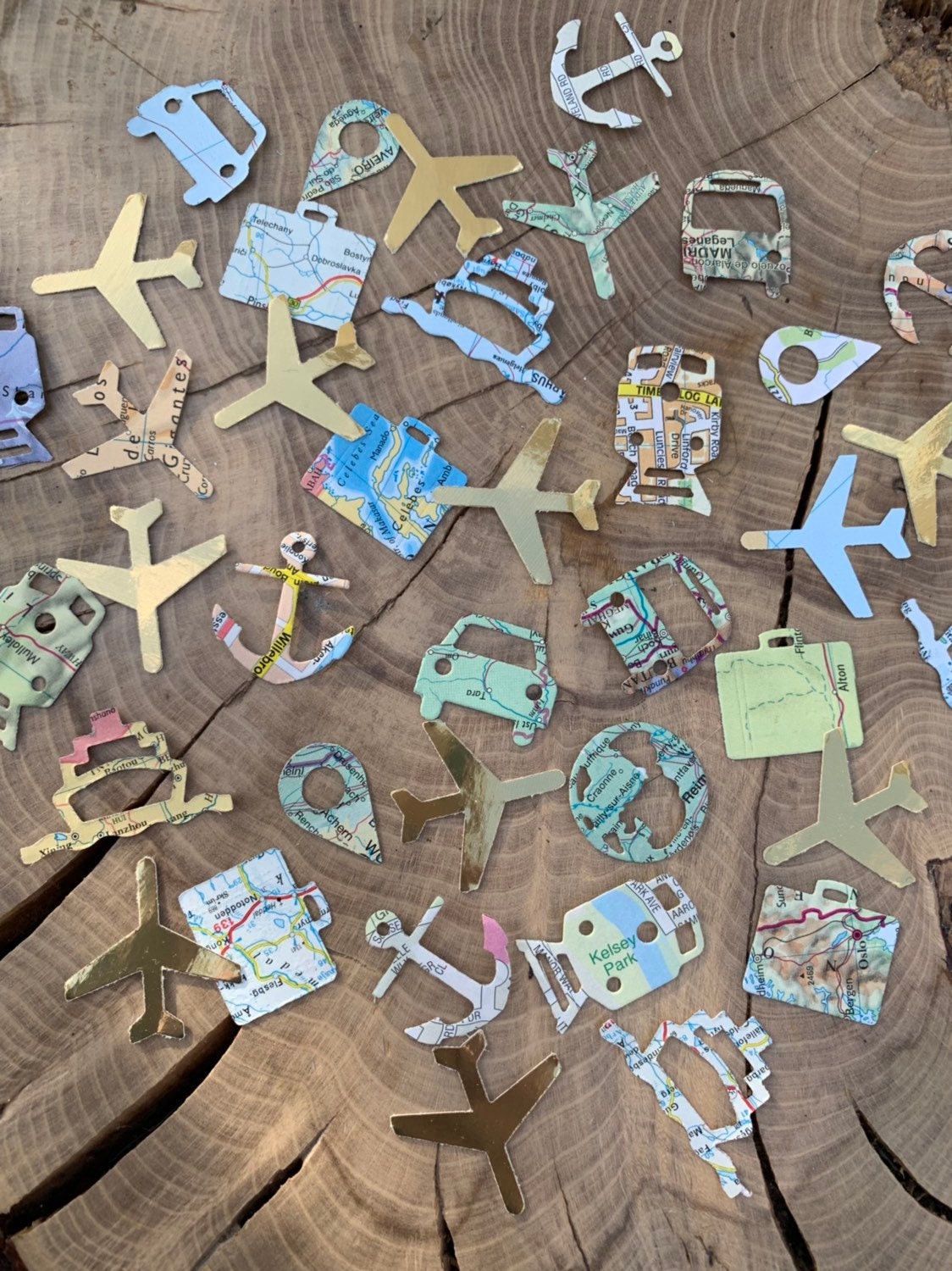 150 Travel Confetti Pieces Road Maps Atlas Shapes Gold | Etsy