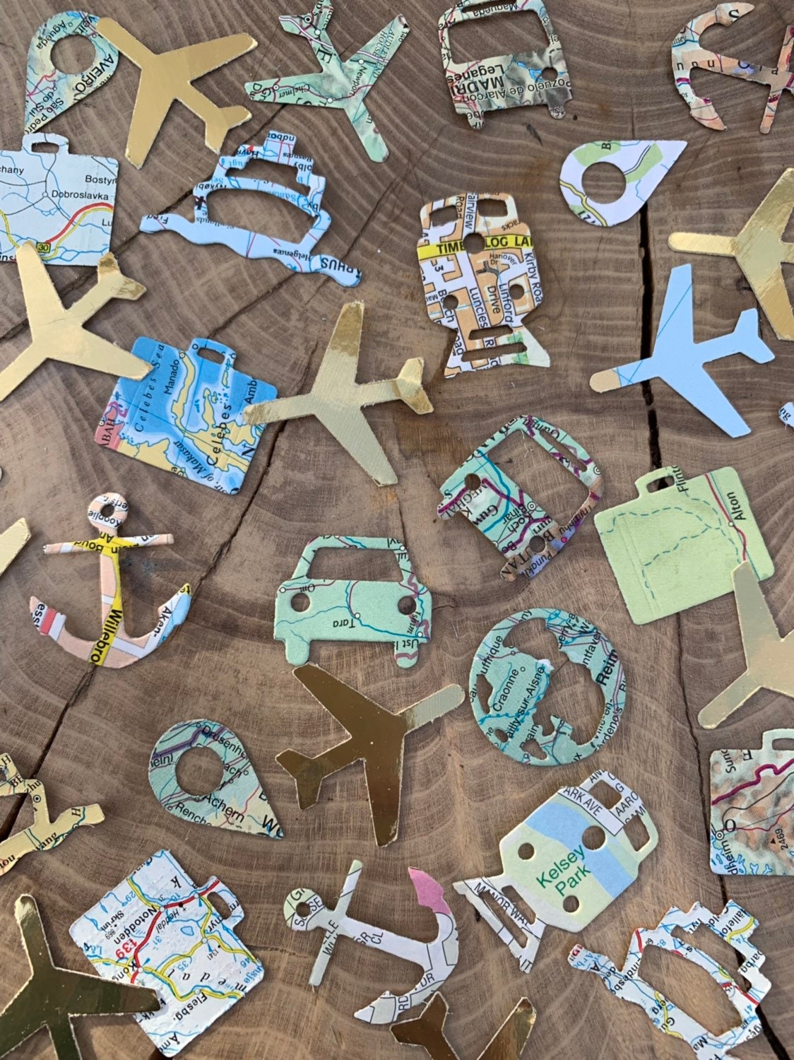 150 Travel Confetti Pieces Road Maps Atlas Shapes Gold | Etsy