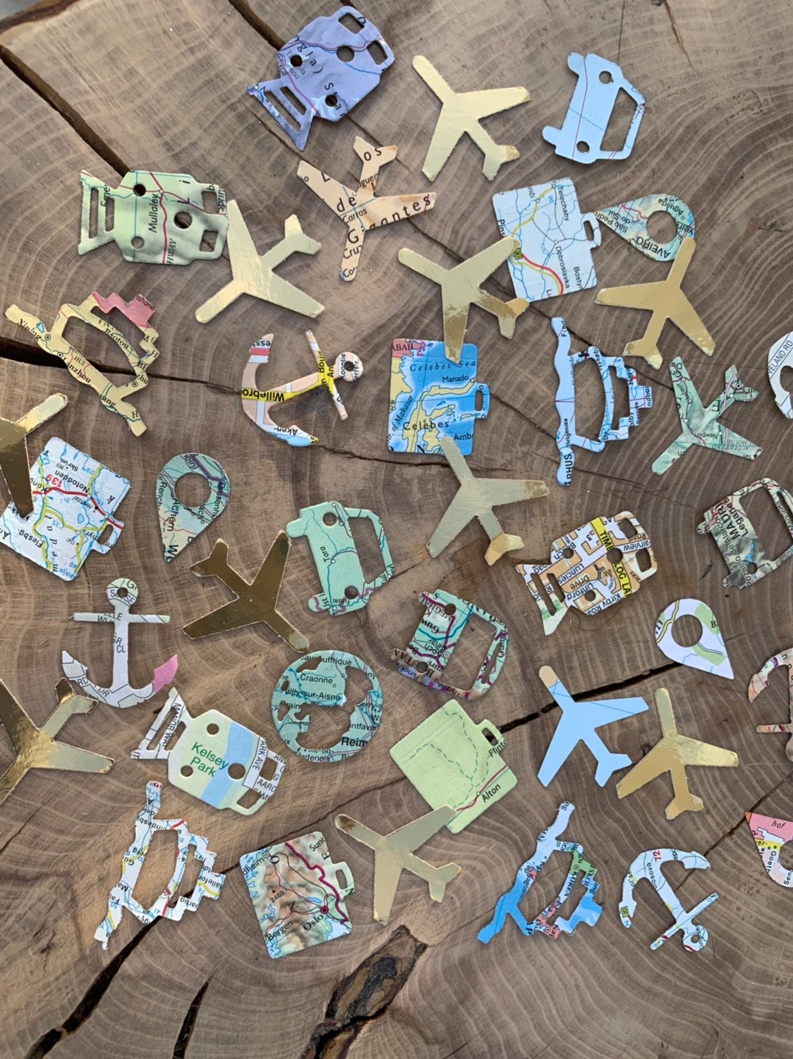 150 Travel Confetti Pieces Road Maps Atlas Shapes Gold | Etsy