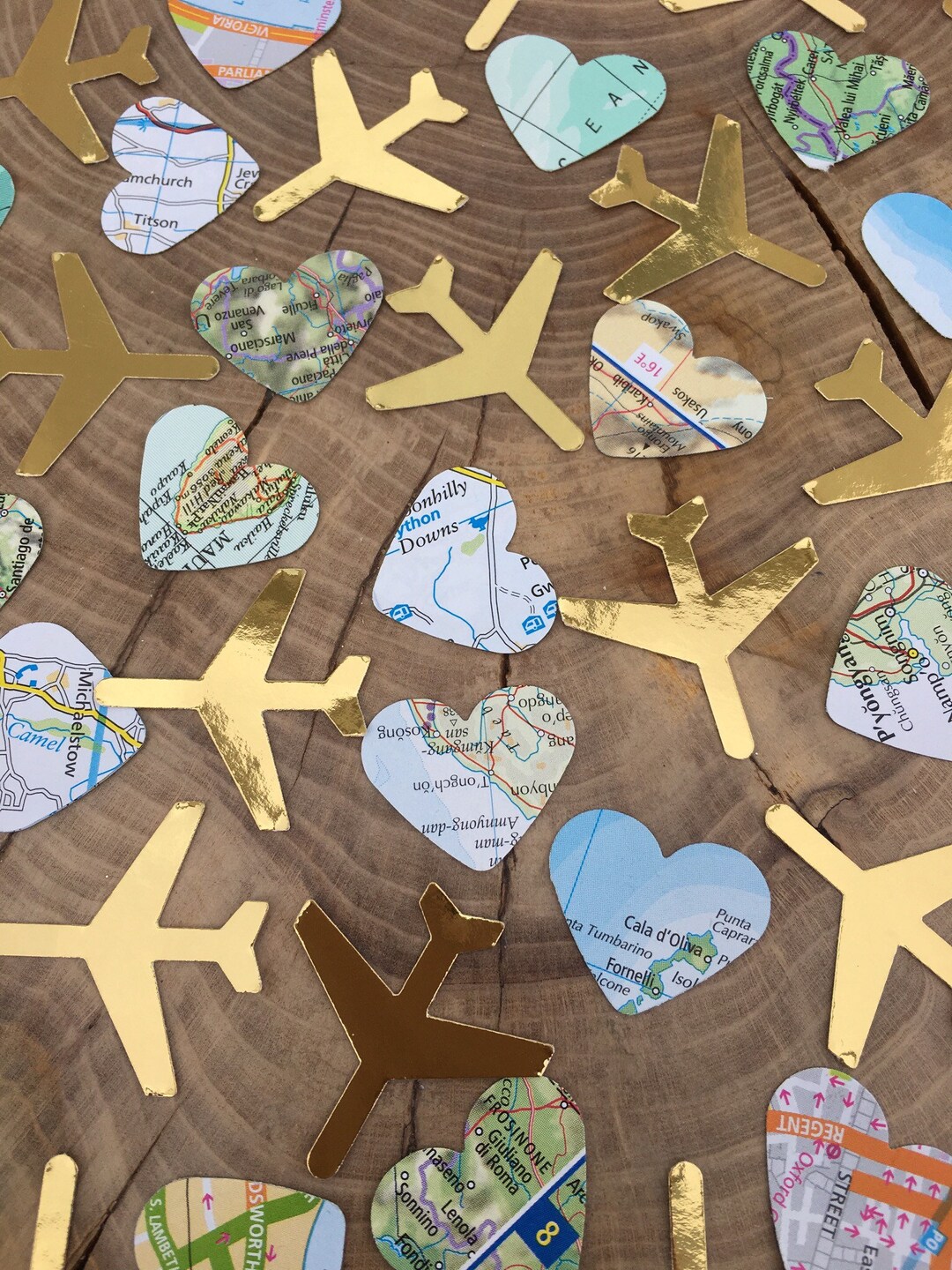 150 Travel Confetti Pieces, Map/atlas Hearts, Gold Aeroplanes. Weddings ...