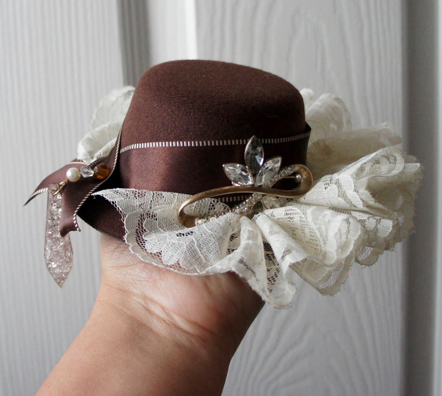 Brown Mini Hat Bonnet With Pin Stripe Edge Band and Cream Lace Ruffle ...