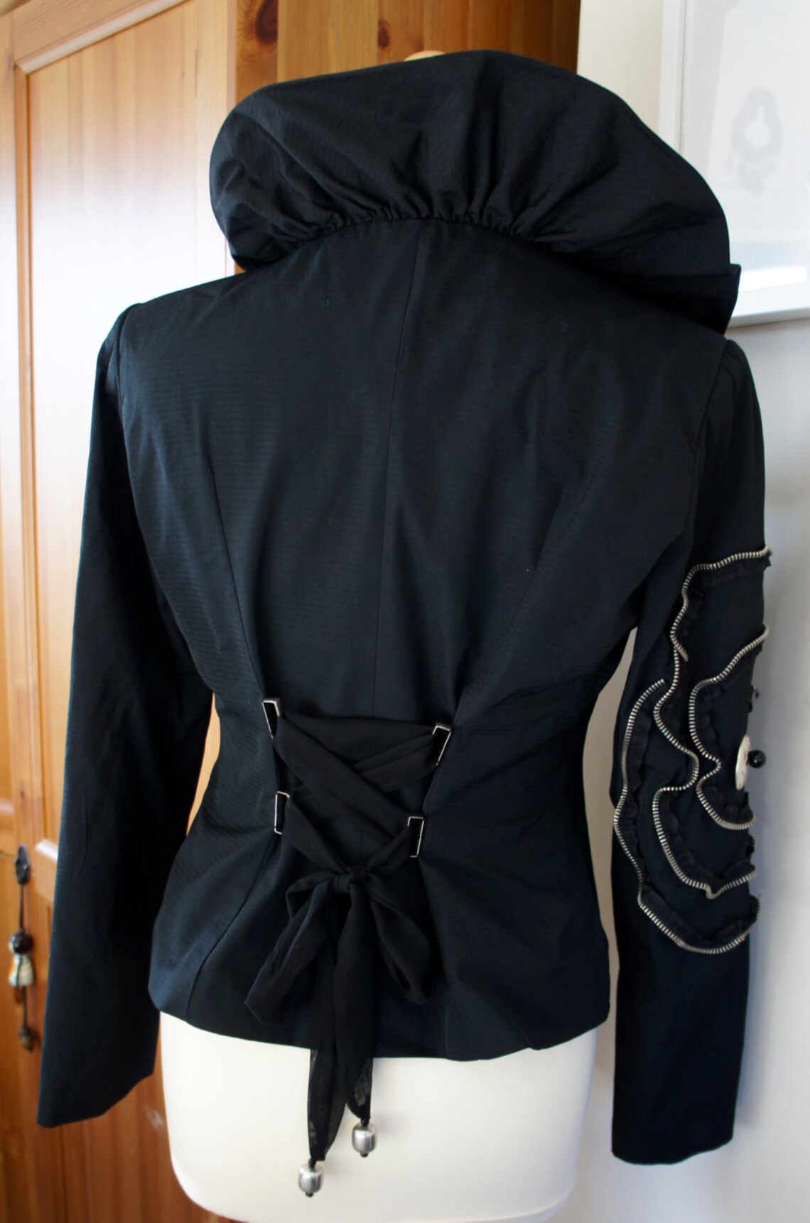 Upcycled Black High Beaded Collar Fitted Jacket With Zipper Arm and ...