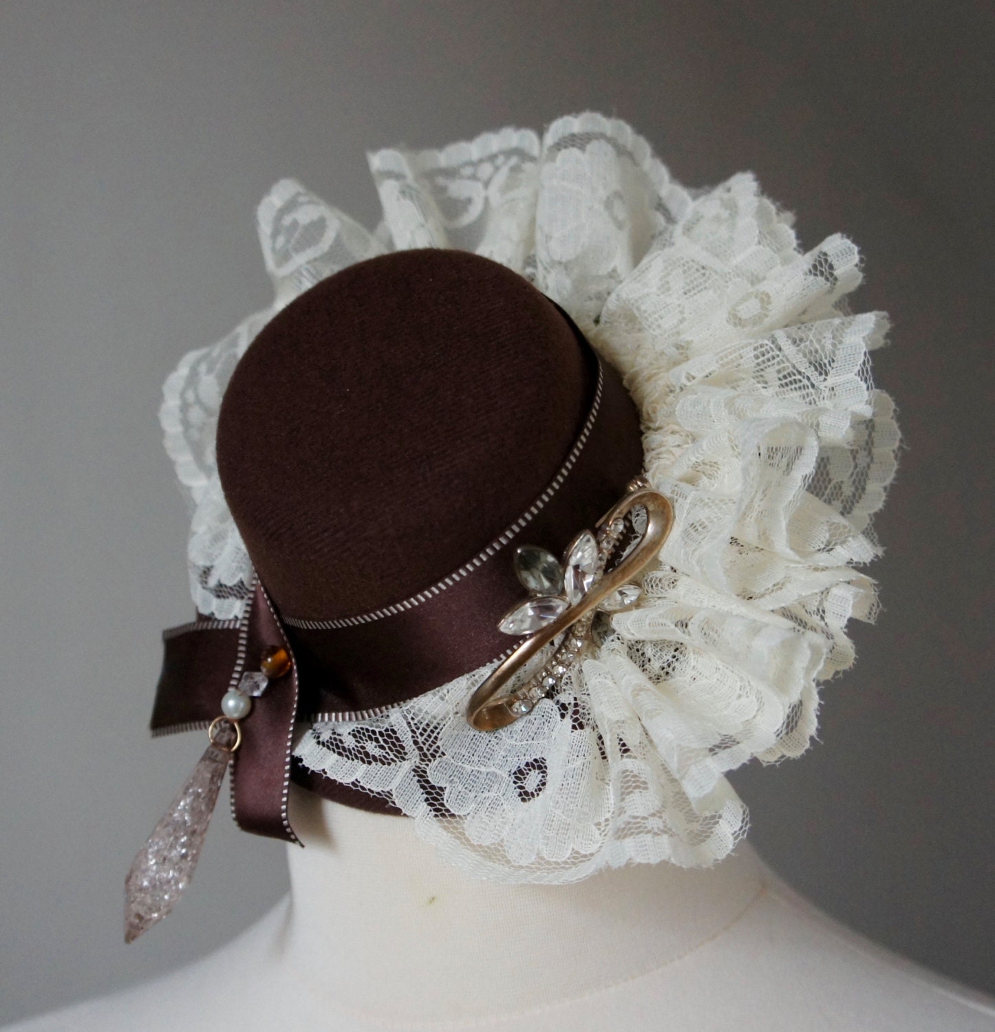 Brown Mini Hat Bonnet With Pin Stripe Edge Band and Cream Lace Ruffle ...