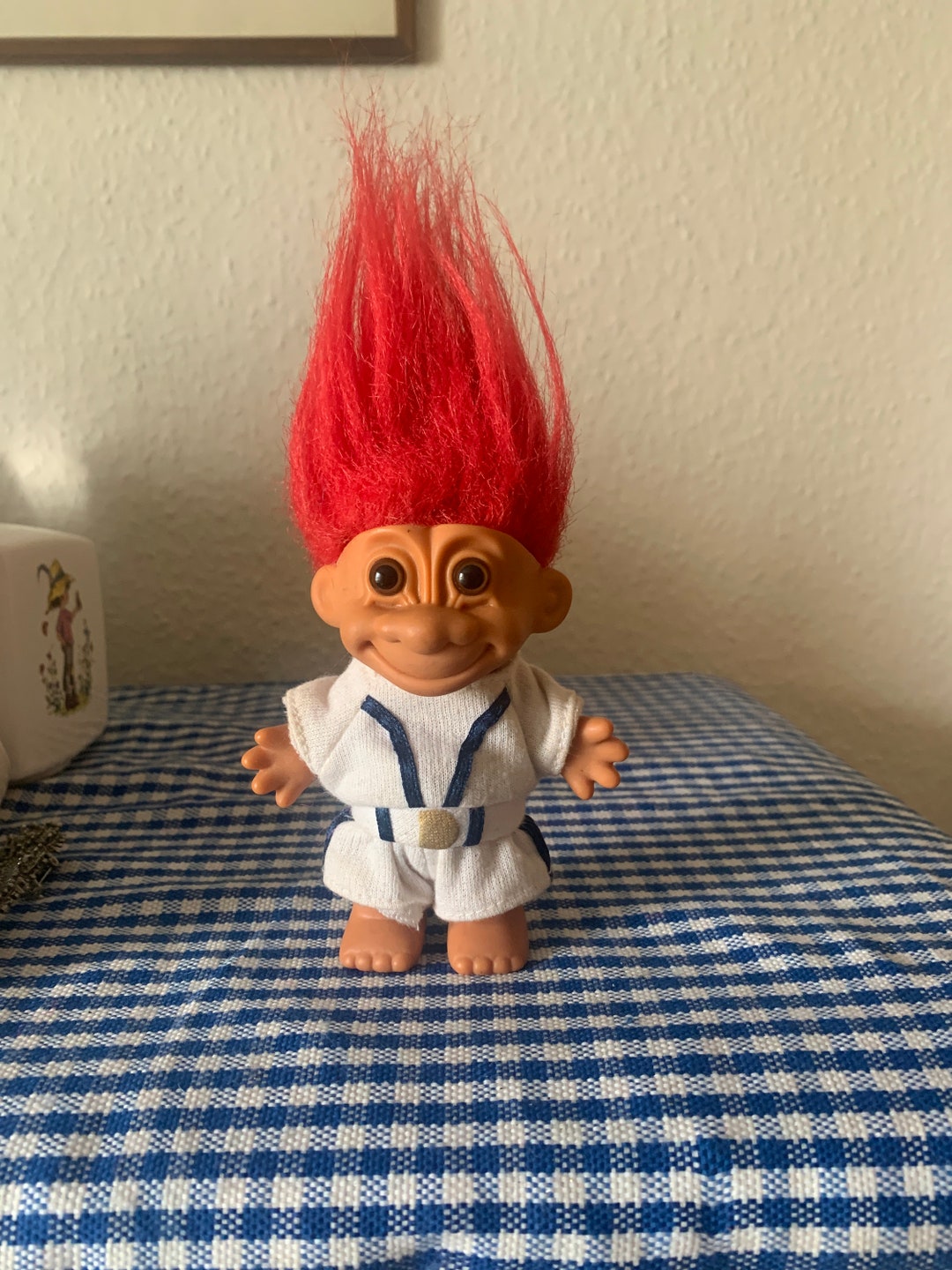 Vintage Russ Red Hair Troll Doll Figure In Fencing White And Blue Outfit Retro