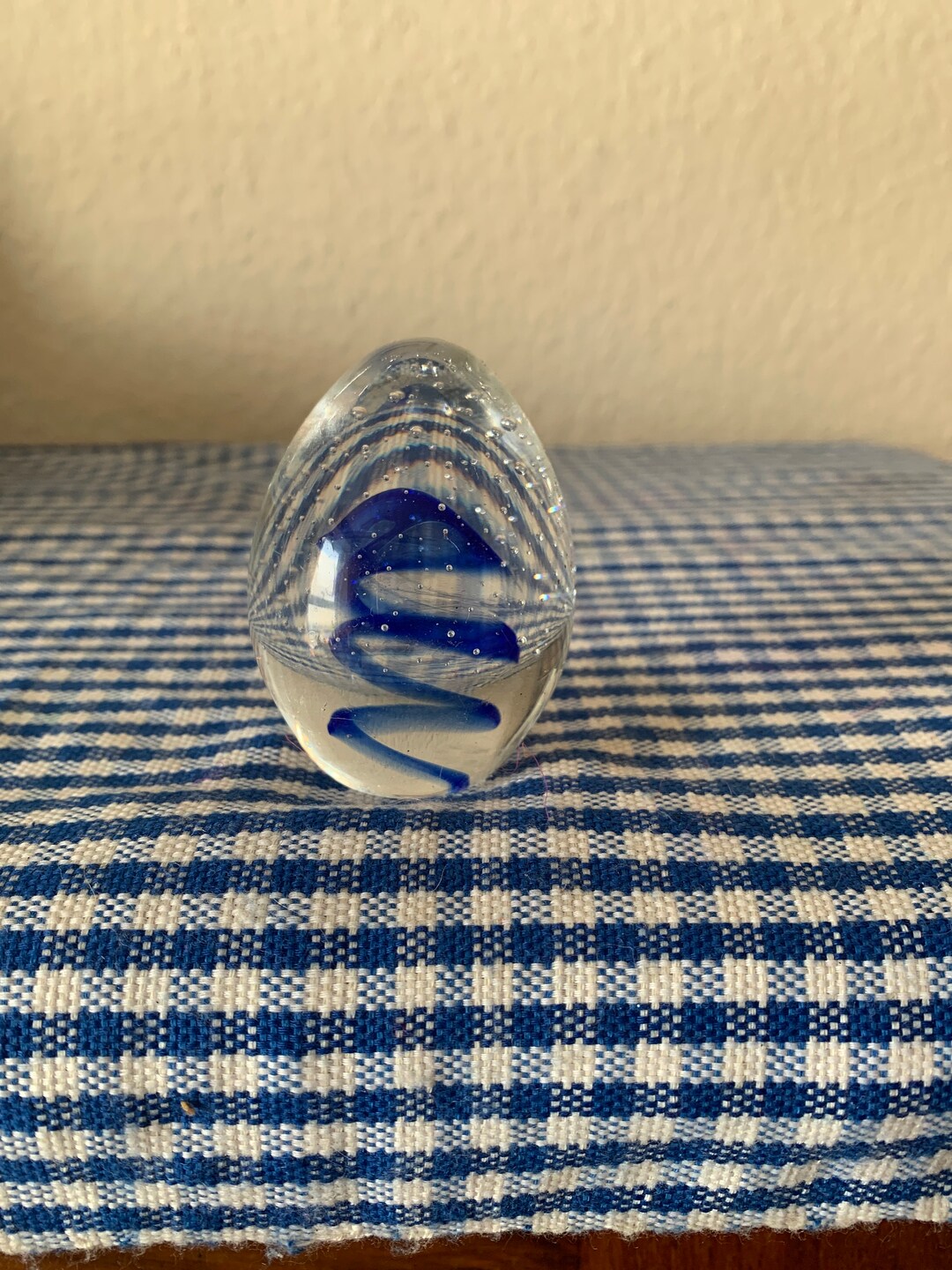 Vintage, 1980s, Clear, Glass, With Bubbles, Blue Swirl, Paperweight ...