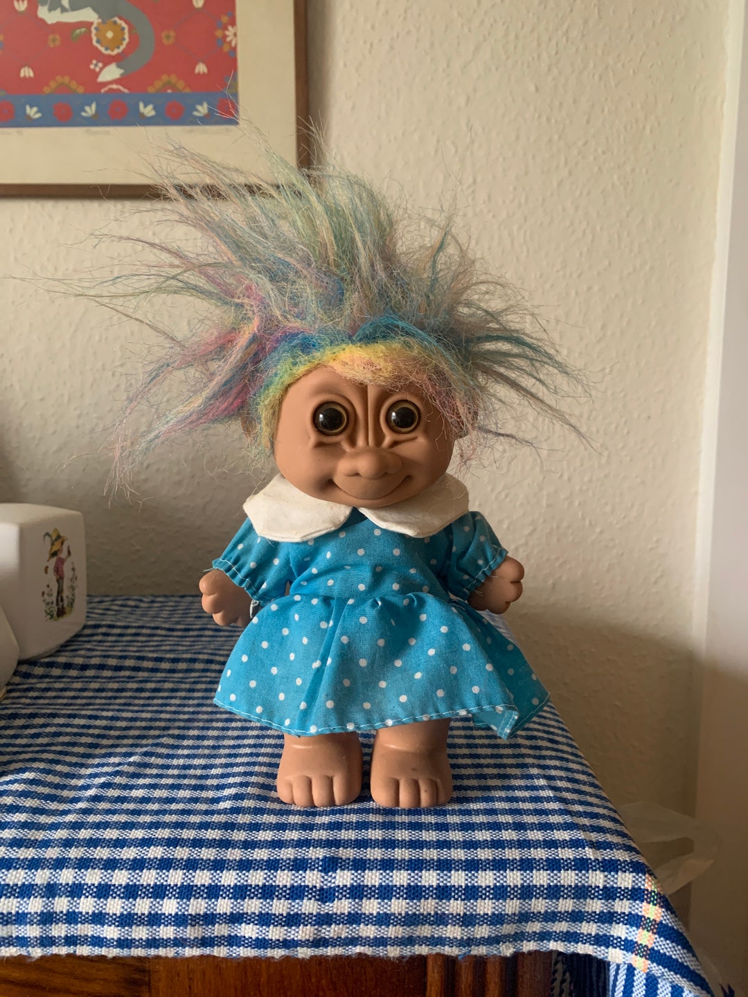 Vintage, Large, Rainbow Hair, Troll, Doll, Figure, In, Blue and White ...