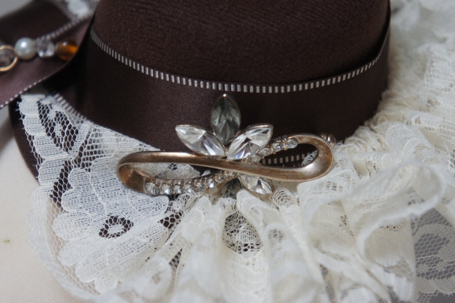 Brown Mini Hat Bonnet With Pin Stripe Edge Band and Cream Lace Ruffle ...