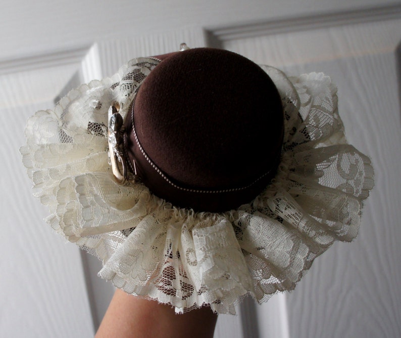 Brown Mini Hat Bonnet With Pin Stripe Edge Band and Cream Lace Ruffle ...