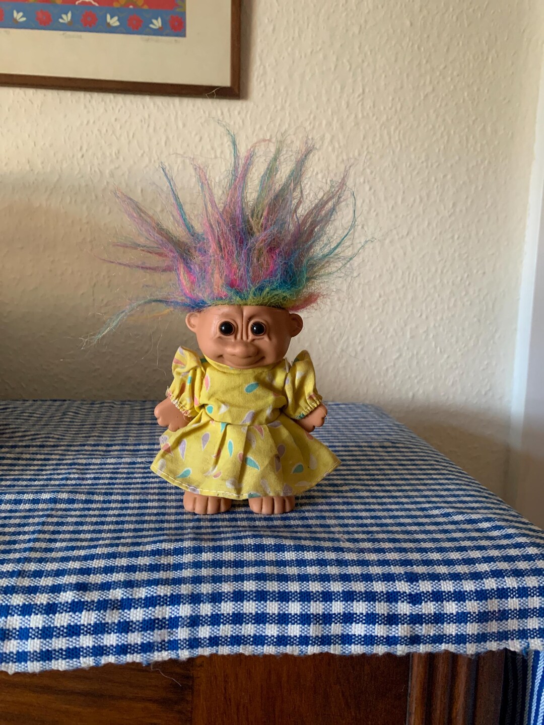 Vintage, Rainbow Hair, Troll, Doll, Figure, in Yellow Dress, Present ...